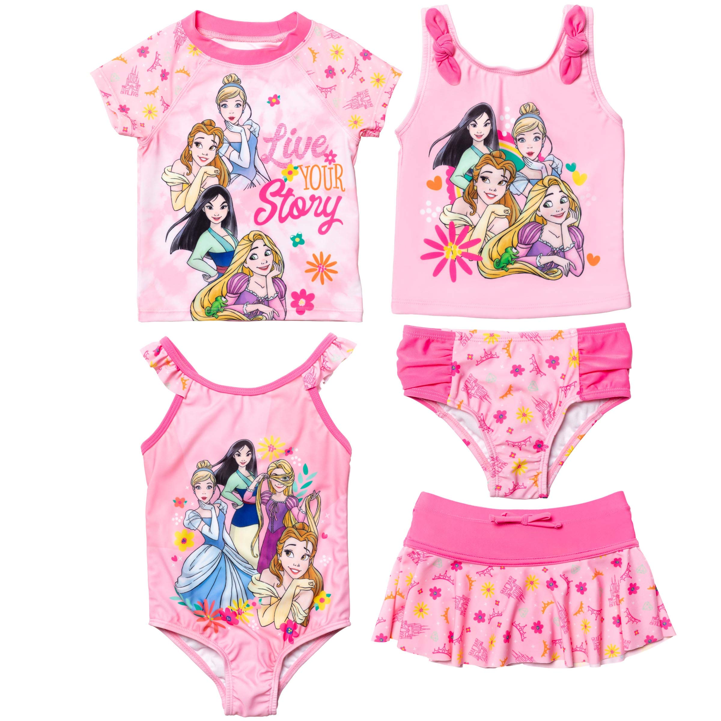 Princess 5 Piece Swimsuit Set: Rash Guard Tankini Skort One-Piece ...