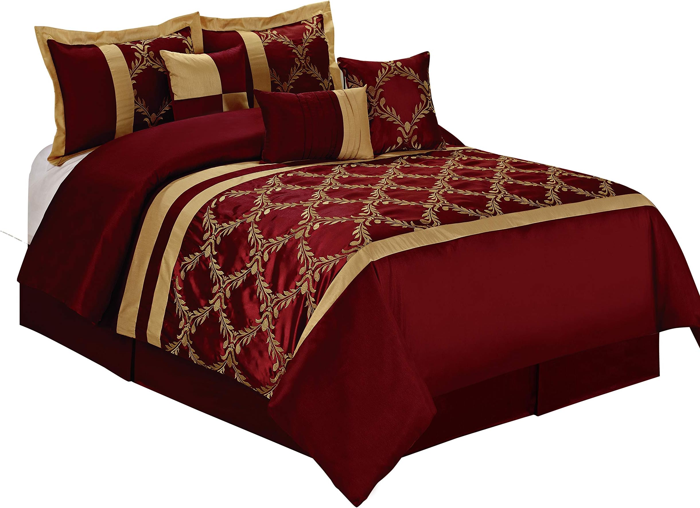 Amazon.com: HIG 7 Piece Comforter Set King - Burgundy and Gold Faux ...
