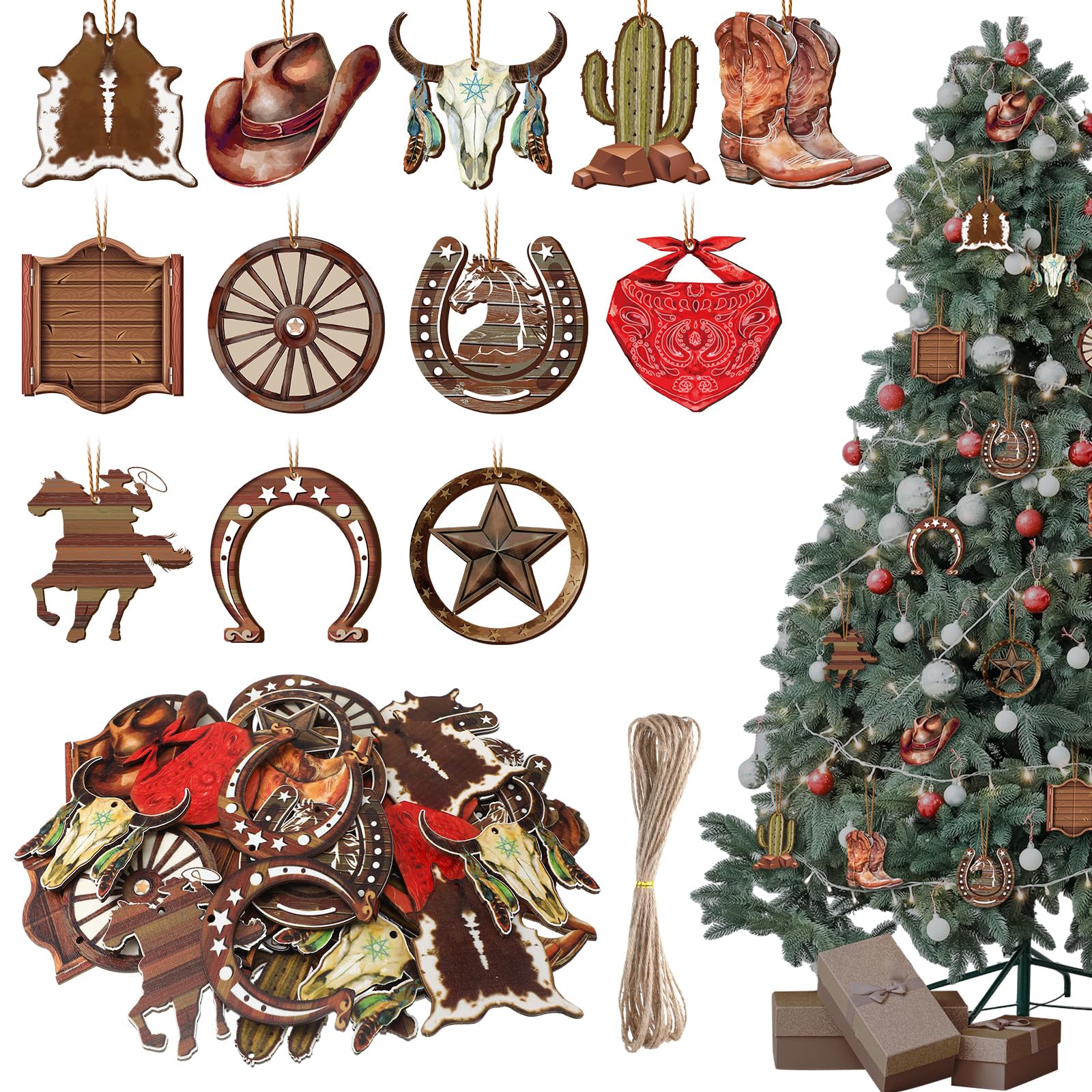 Amazon.com: Vercraft 36 Pcs Western Cowboy Ornaments for Christmas Tree ...