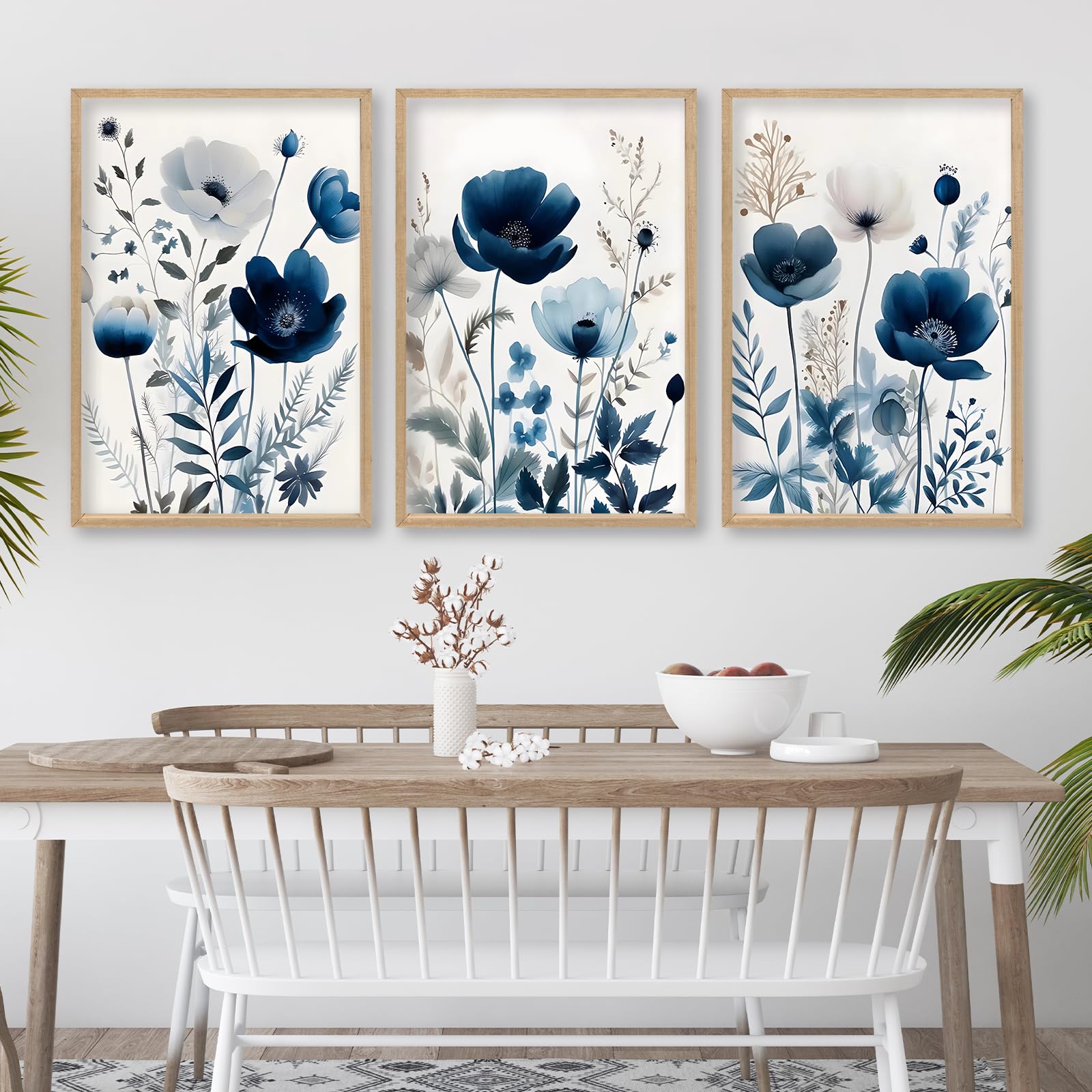 Amazon.com: Flower Wall Art Prints Set of 3 Navy Blue Wildflower Lily ...