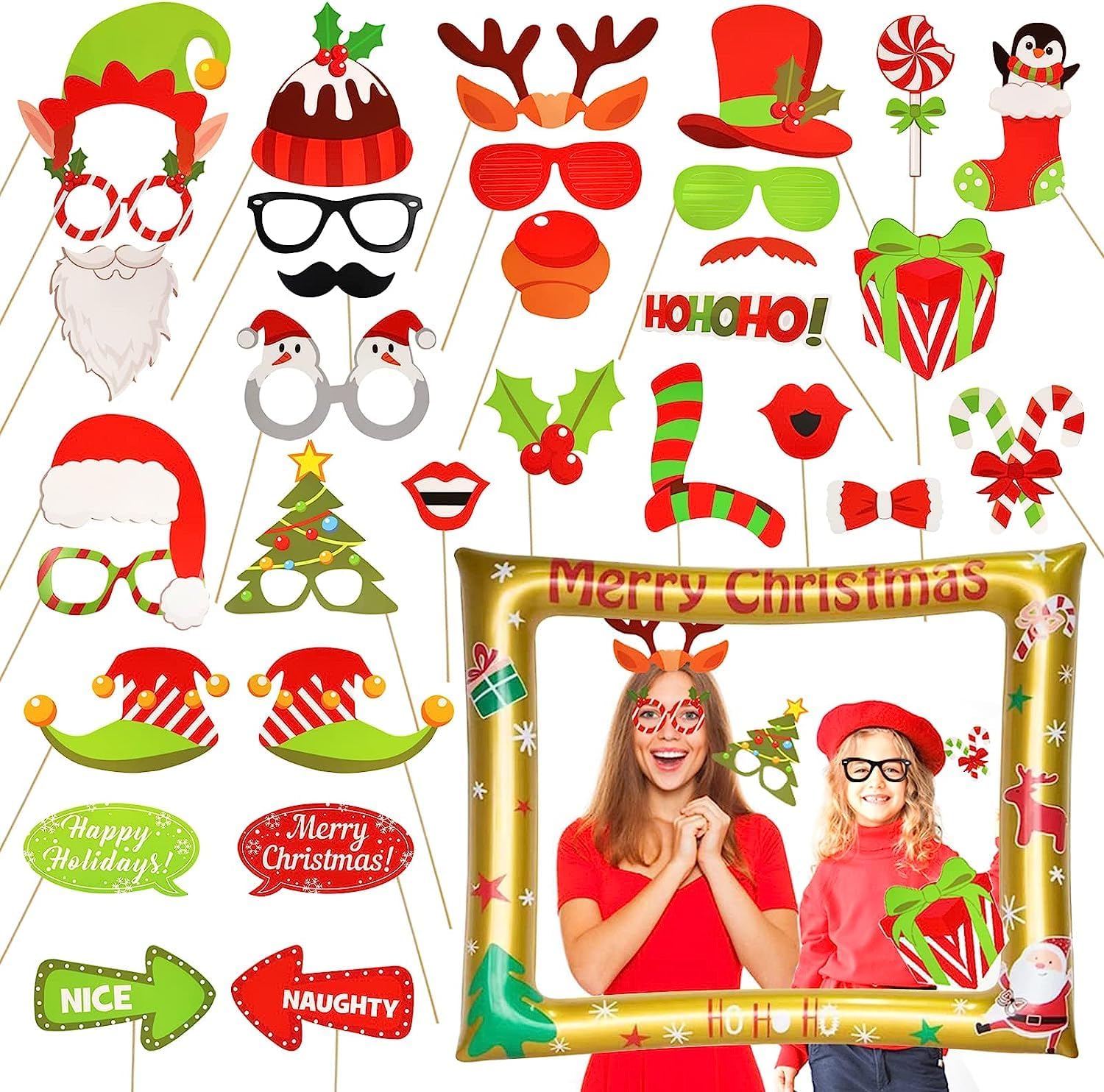 Christmas Party Photo Booth Props Frame, LMSHOWOWO Gold Christmas ...