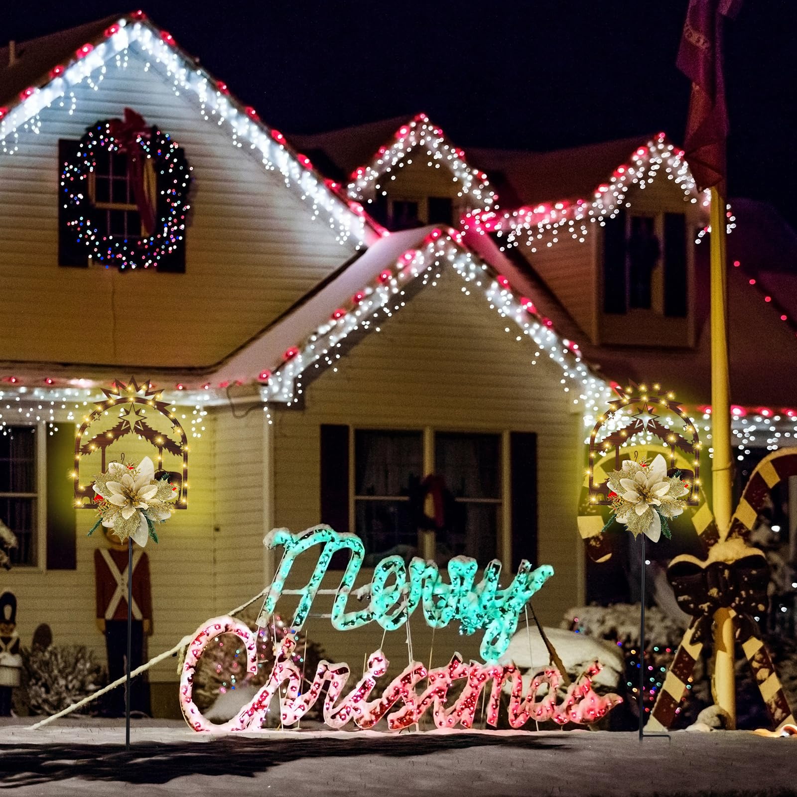Christmas Flag With Lights Solar-Powered Nativity Yard Stakes (2-Pack ...