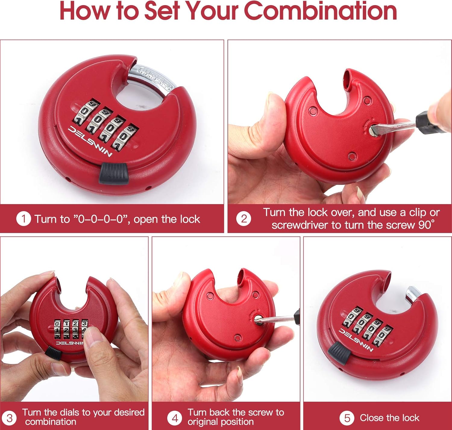 DELSWIN Candado de combinación para exteriores, cerradura de disco resistente de 4 dígitos con ...