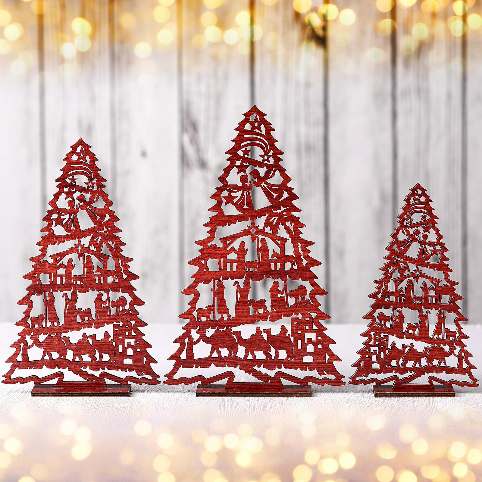 Amazon.com: Huwena 3 Pcs Christmas Nativity Scene Tabletop Decor Wooden ...
