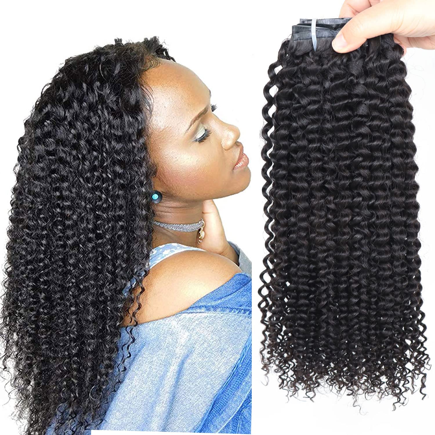 Amazon.com : 3A 3B Seamless Kinky Curly Clip In Hair Extensions Human Hair Natural Black Ultra ...