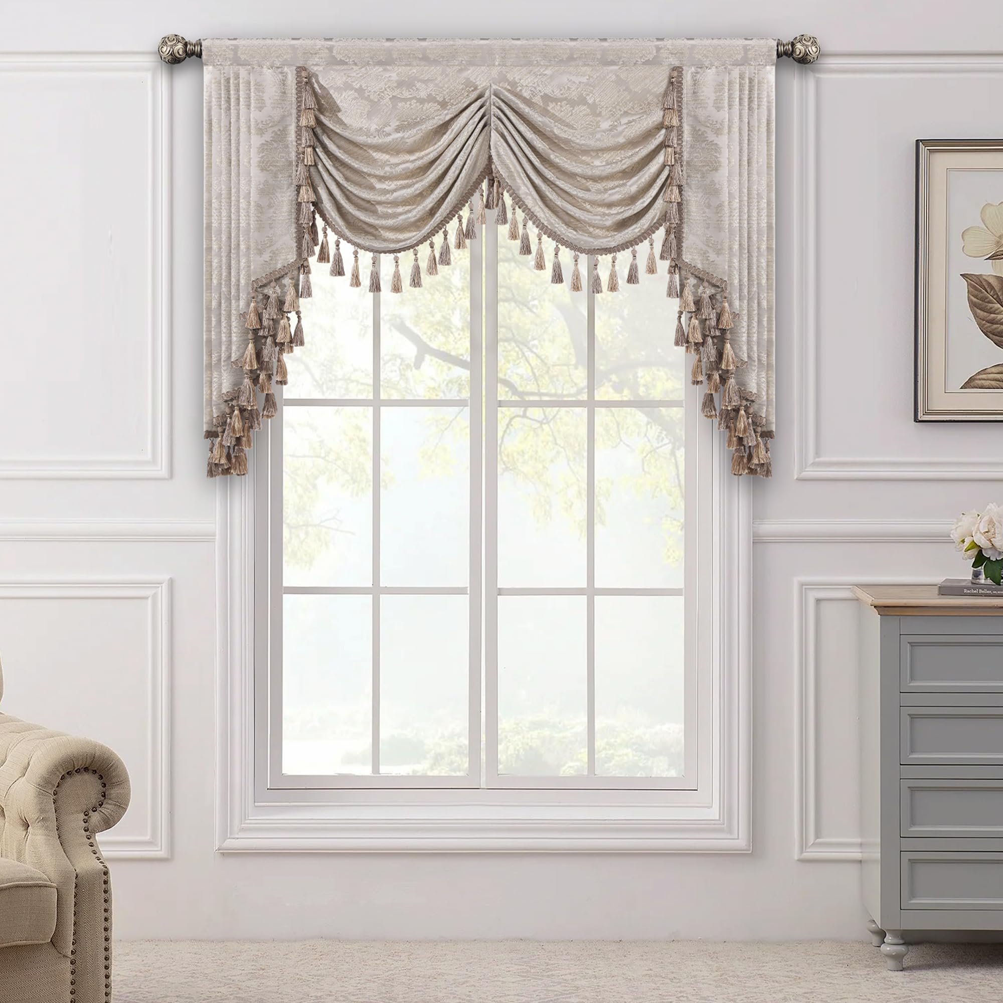 TOPLUXE Swag Valance for Windows, Damask Waterfall Valance with Tassels ...