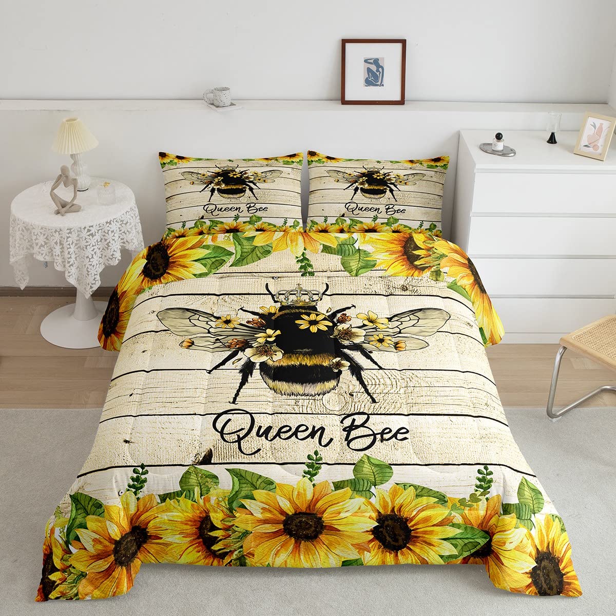 Honey Bee Comforter Set for Girls Boys Sunfloral Yellow Bee Comforter ...