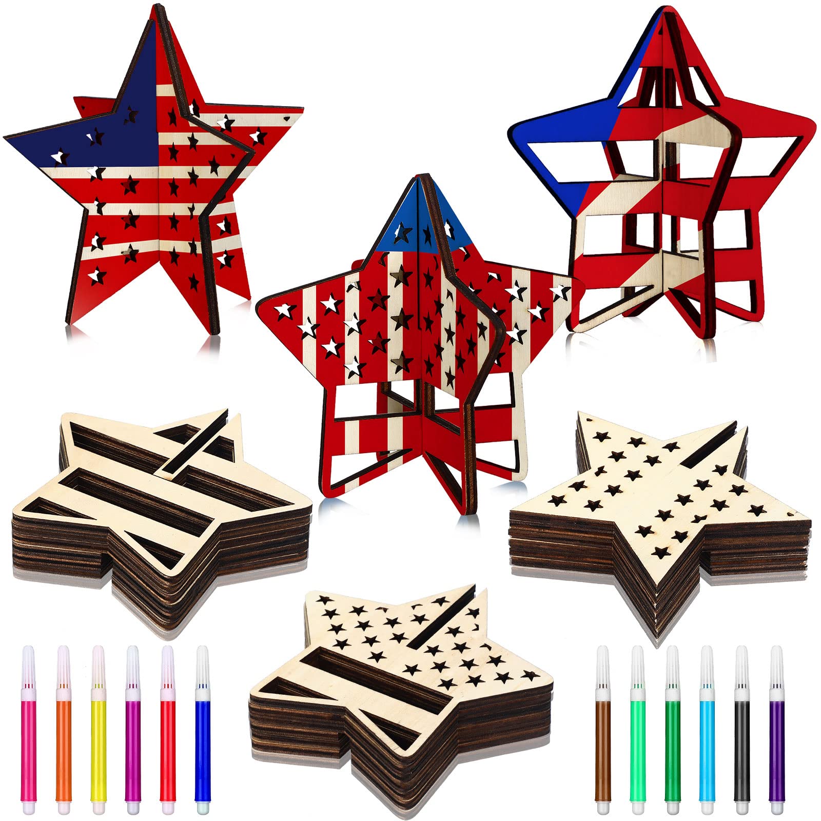 Amazon.com: Honoson 24 Pcs Wood Stars for Crafts Labor Day 3D Wooden ...