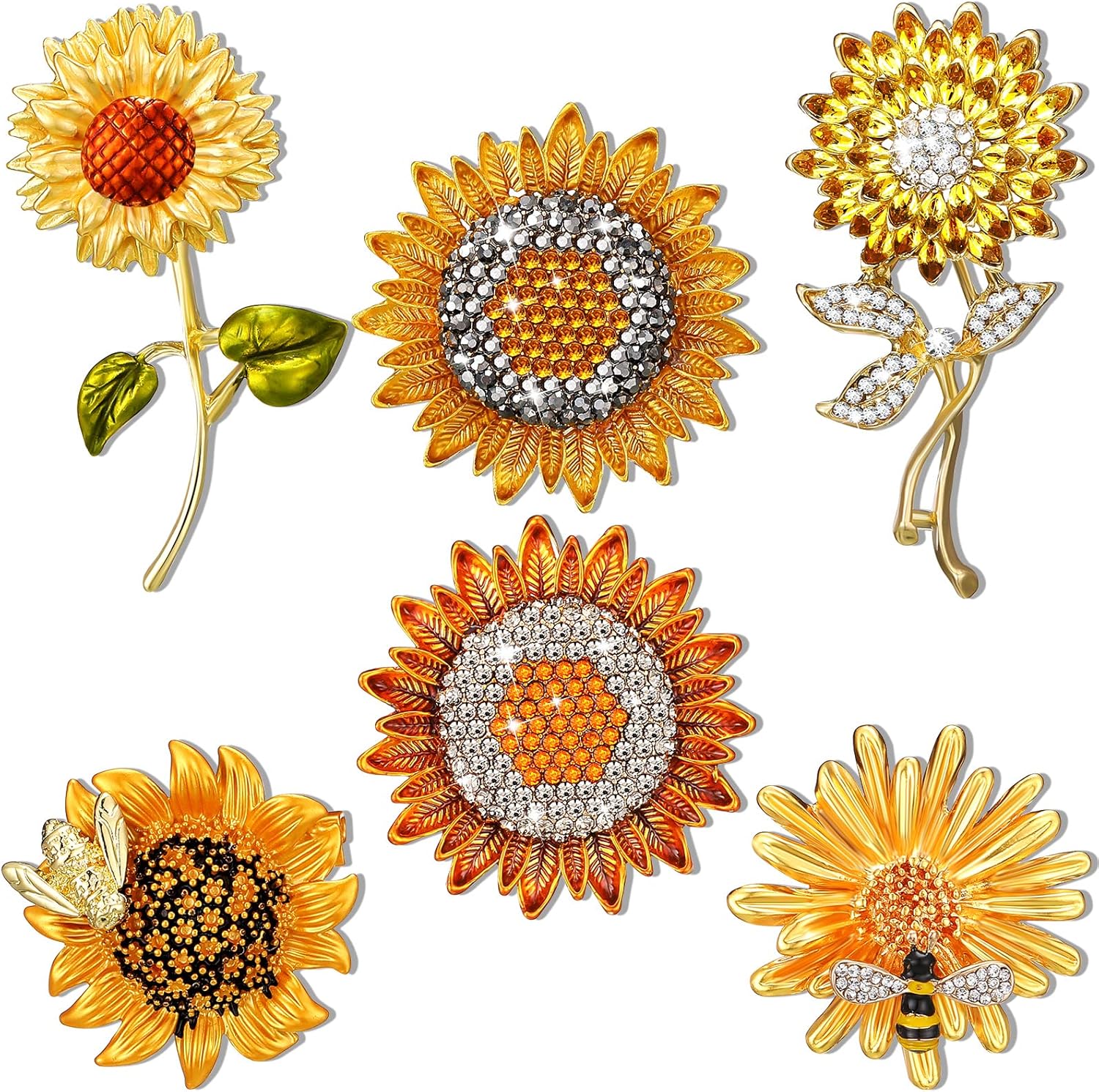 Amazon.com: Junkin 6 Pcs Sunflower Brooch Pins Rhinestones Crystal ...