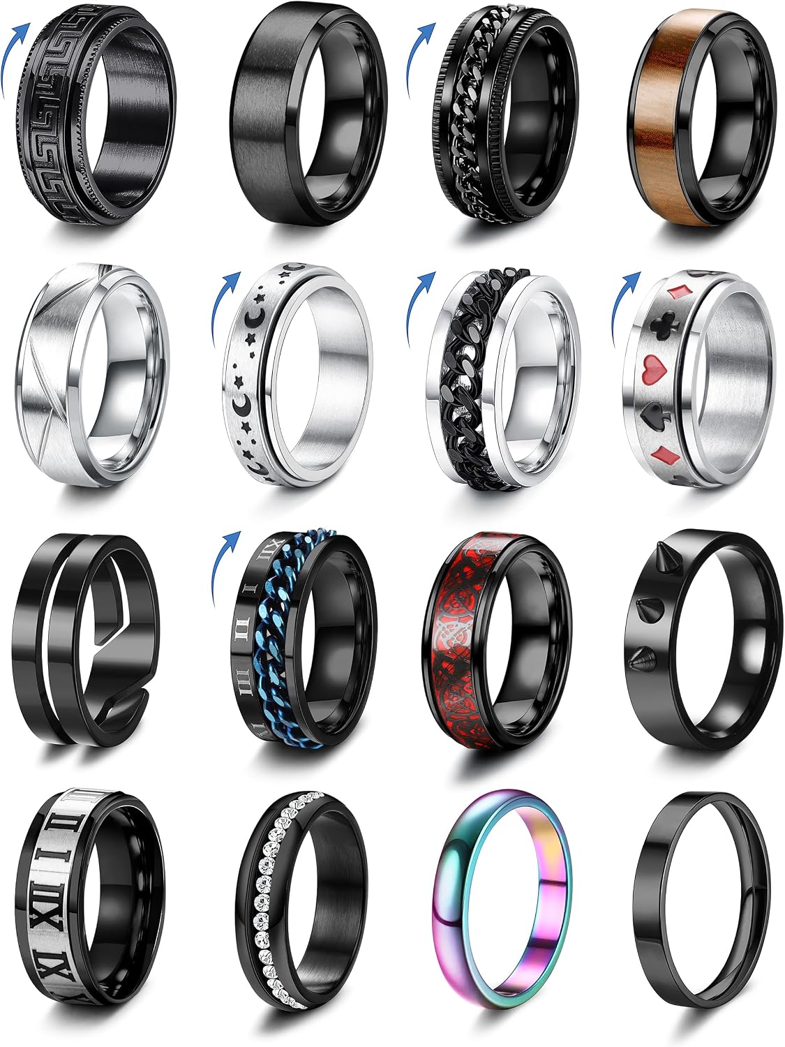 Fansilver 16PCS Stainless Steel Fidget Rings for Men Women Black Silver ...