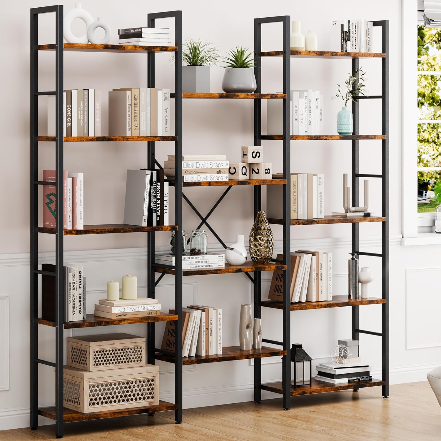 Amazon.com: Shintenchi Triple Column 5 Tier Bookshelf, Industrial Large ...