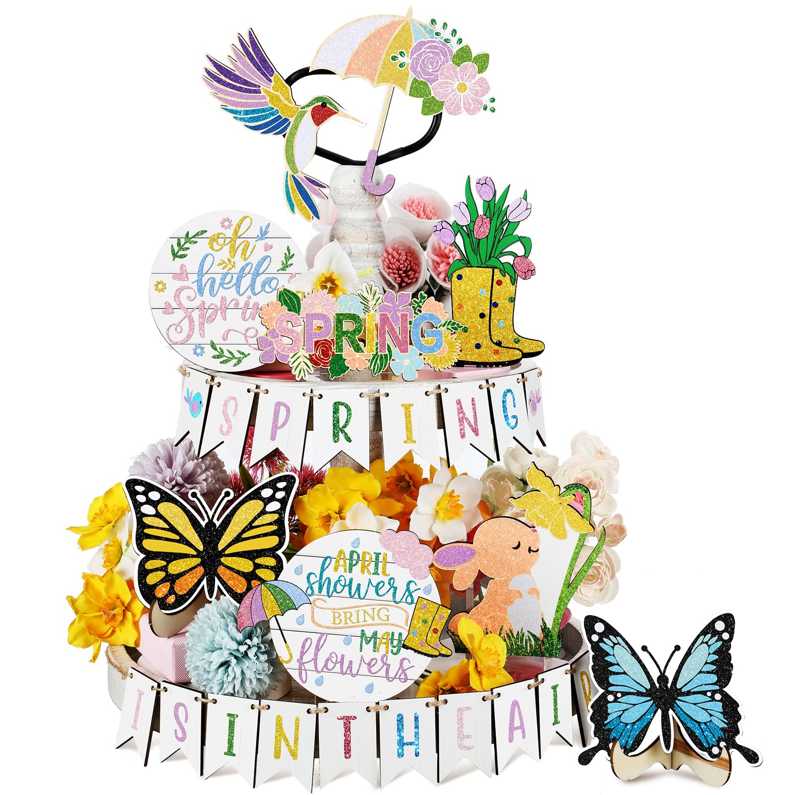 Amazon.com: 27 Pieces Hello Spring Tiered Tray Decor Set Spring Flowers ...