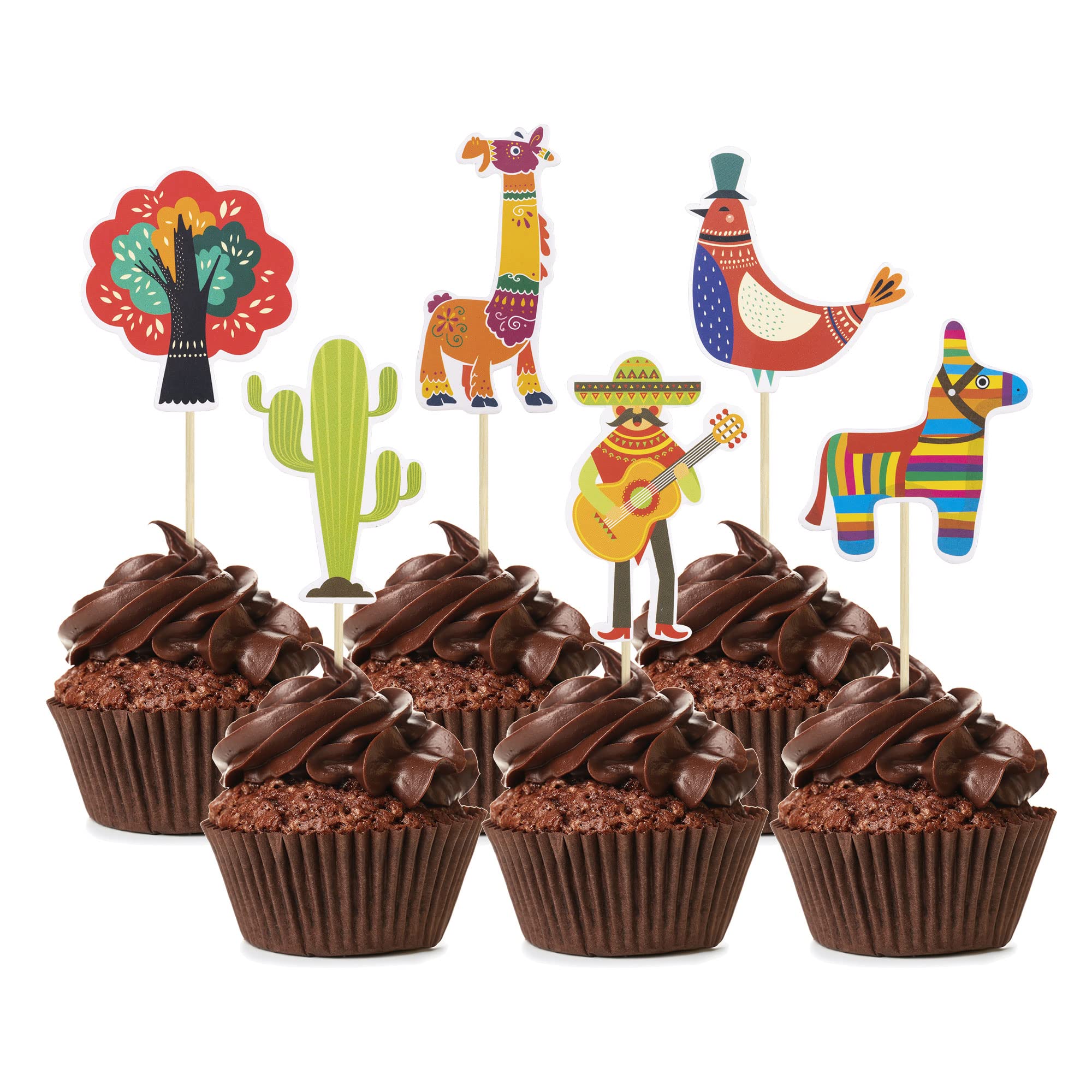 Buy 36 Pack Mexican Fiesta Cupcake Toppers Cactus Donkey Maraca ...