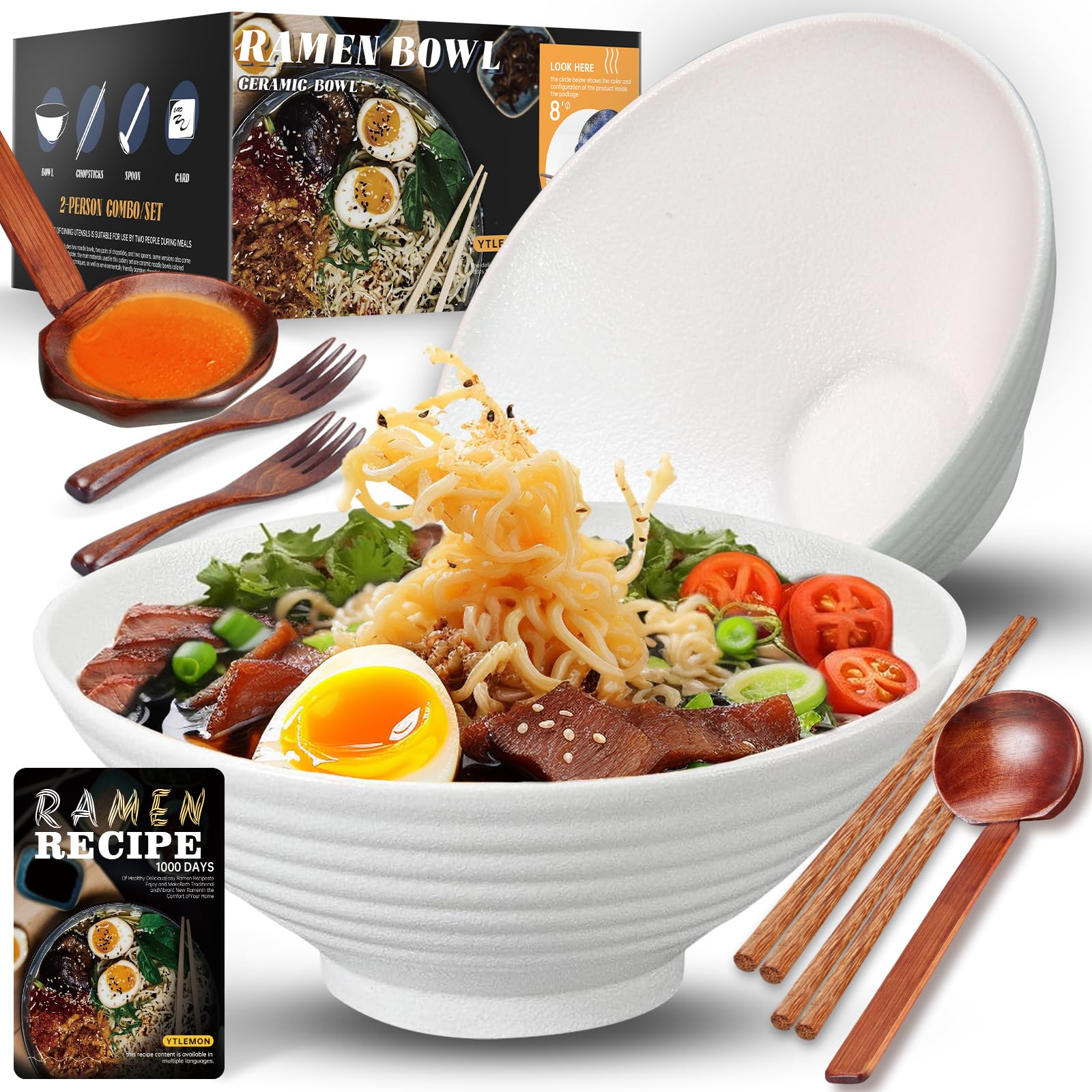 YTLEMON Ceramic Ramen Bowl Set of 2 - Porcelain Japanese Salad Noodles ...