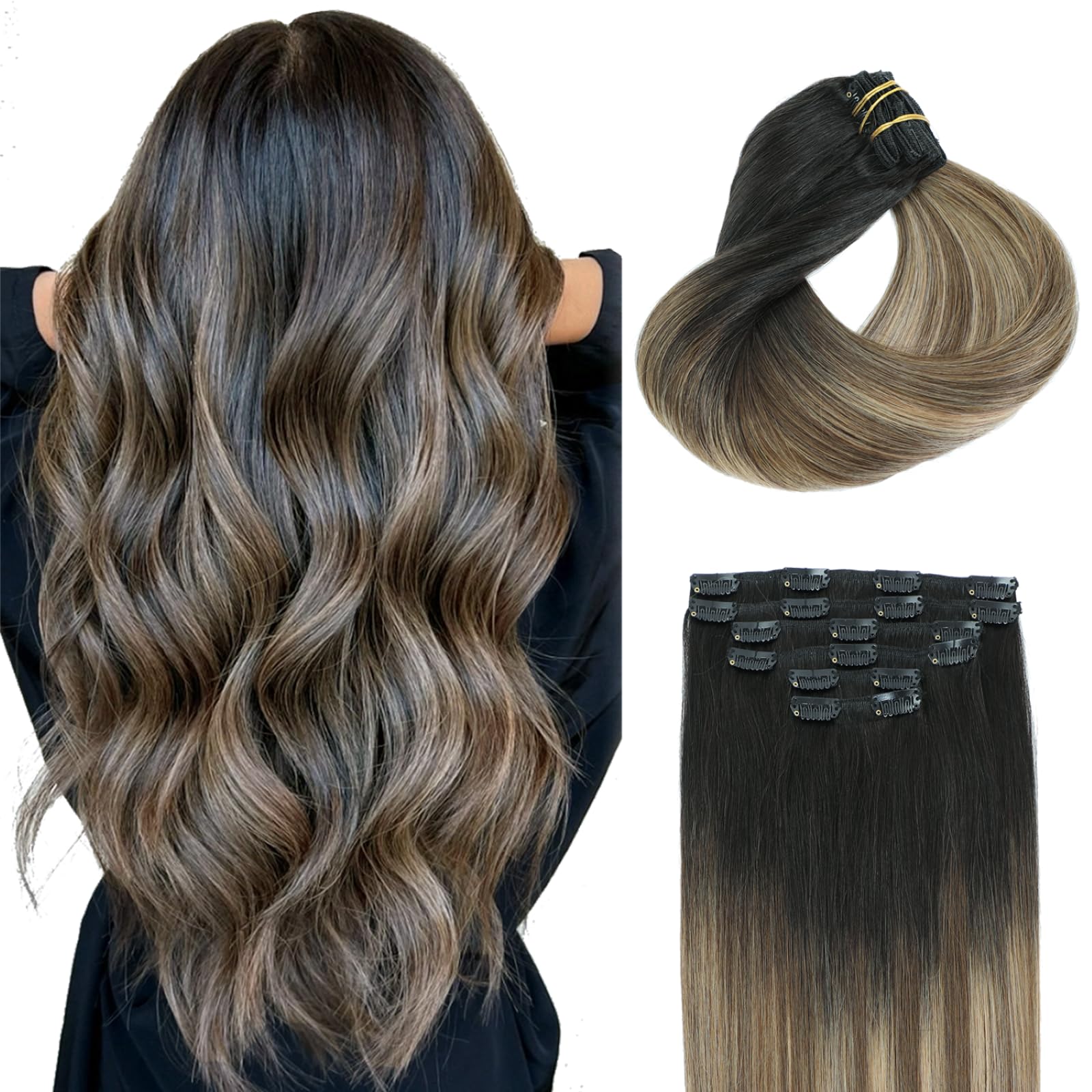 Amazon.com : SAFIRENY Clip in Hair Extensions Real Human Hair, 16 Inch ...