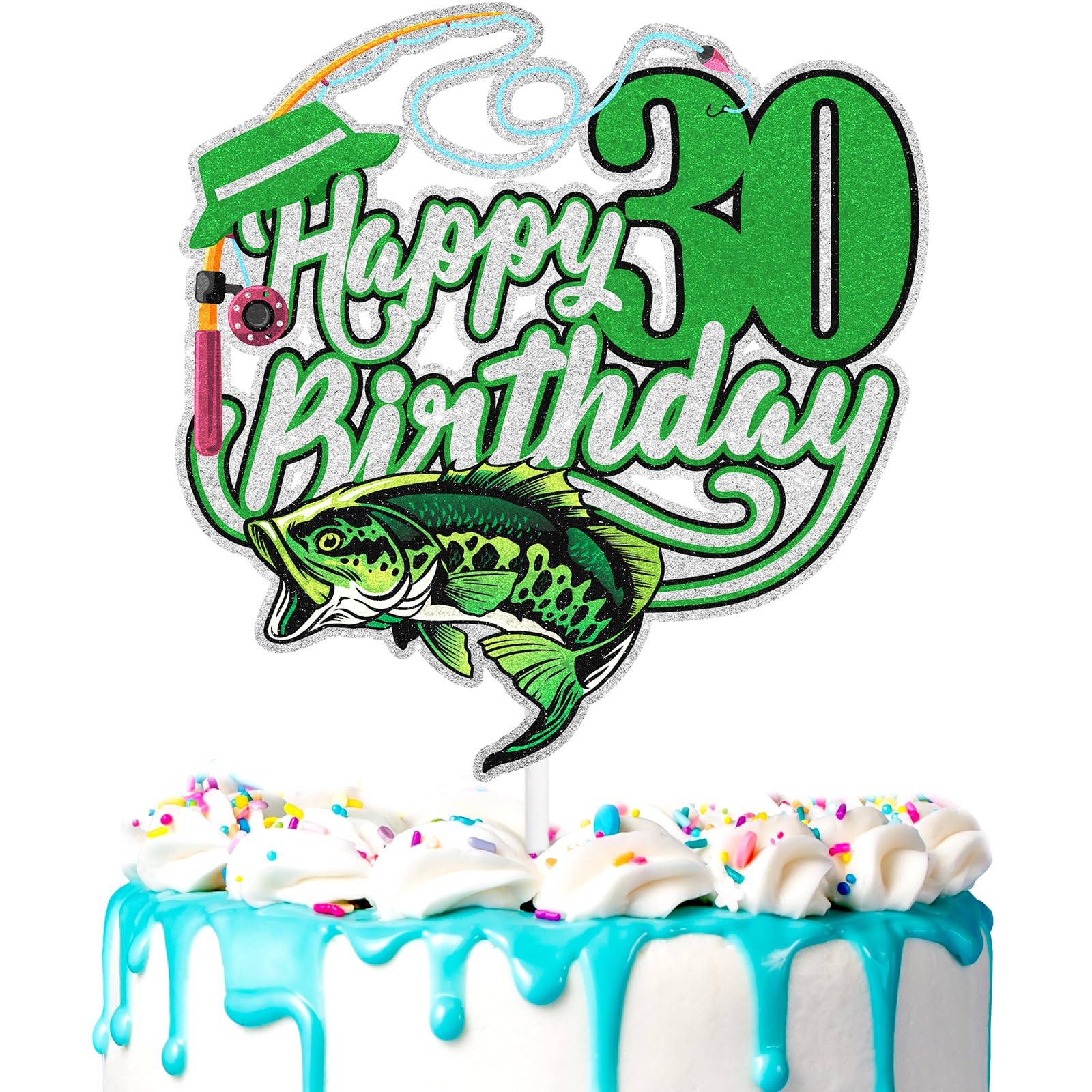 Amazon.com: Fishing Cake Topper Fisherman 30th Birthday Happy Bass ...