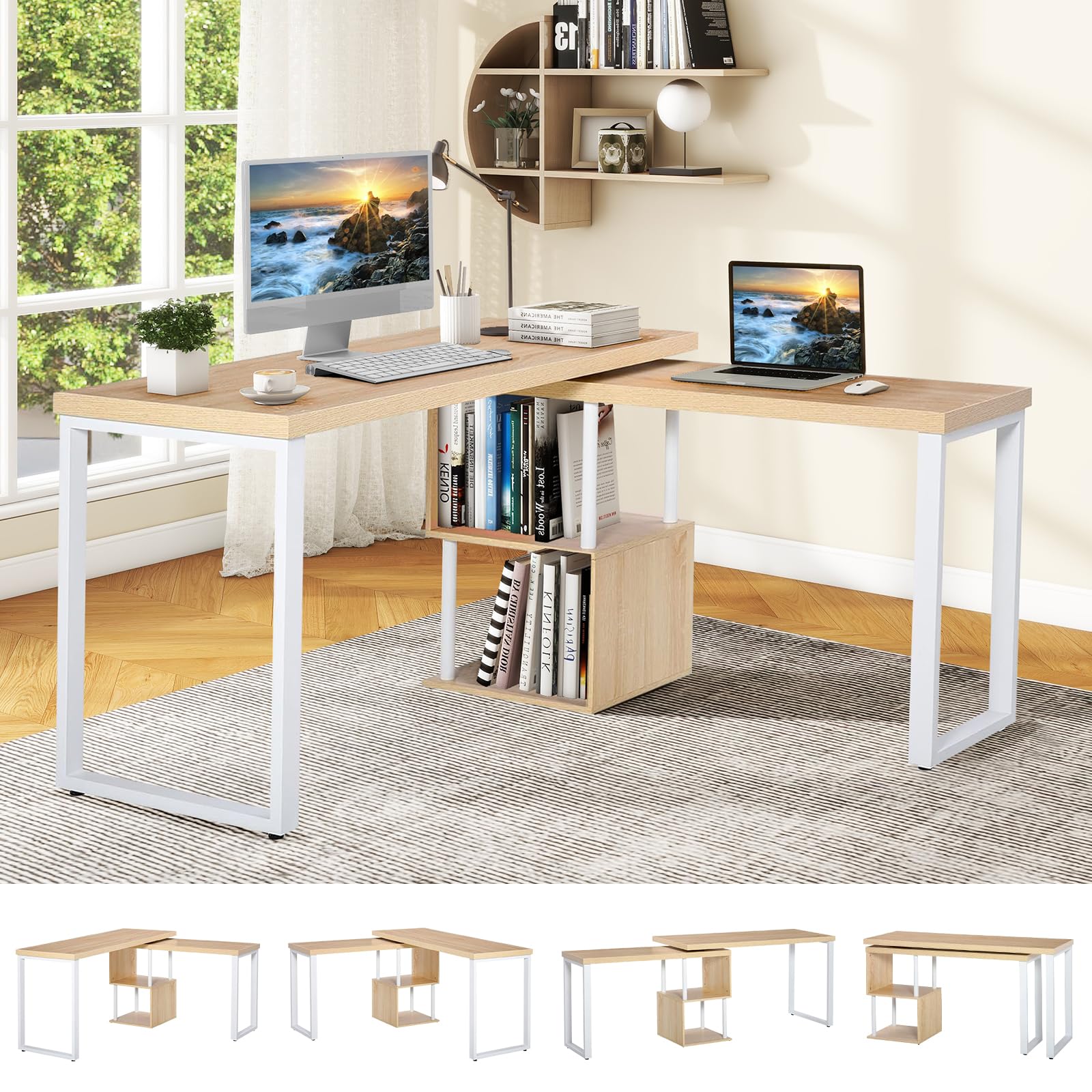 Snapklik.com : IULULU Computer Desk, 360 Rotating Corner L Shaped Table
