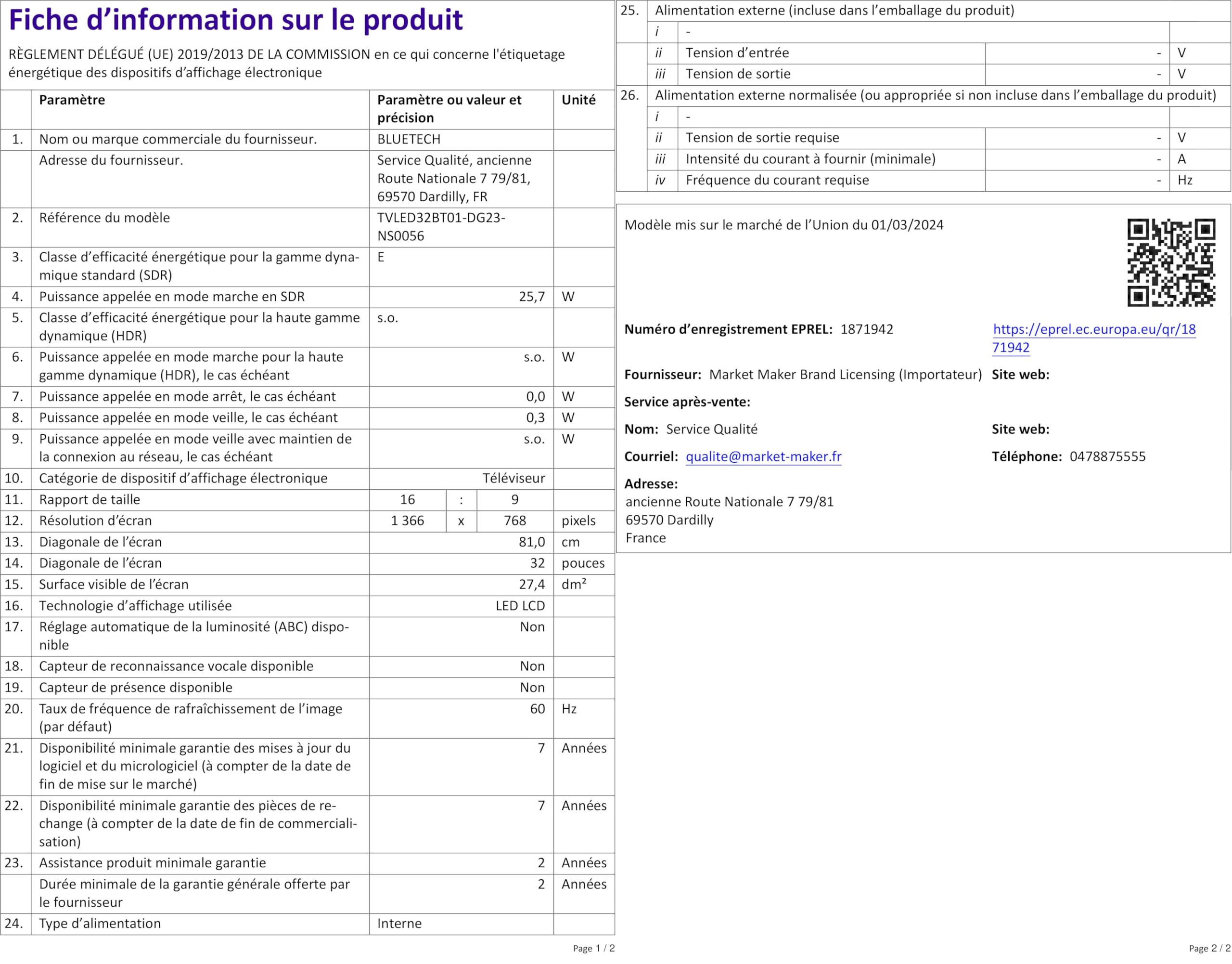 BLUETECH TV LED 32'' (80cm) HD - DVBT-C/T2-2xHDMI - 2xUSB 2.0 - Sortie ...