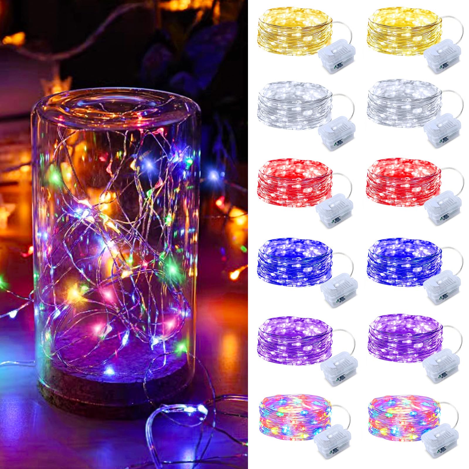 12pack LED Fairy Lights - 6 Colors, Battery Operated Mini String Lights ...