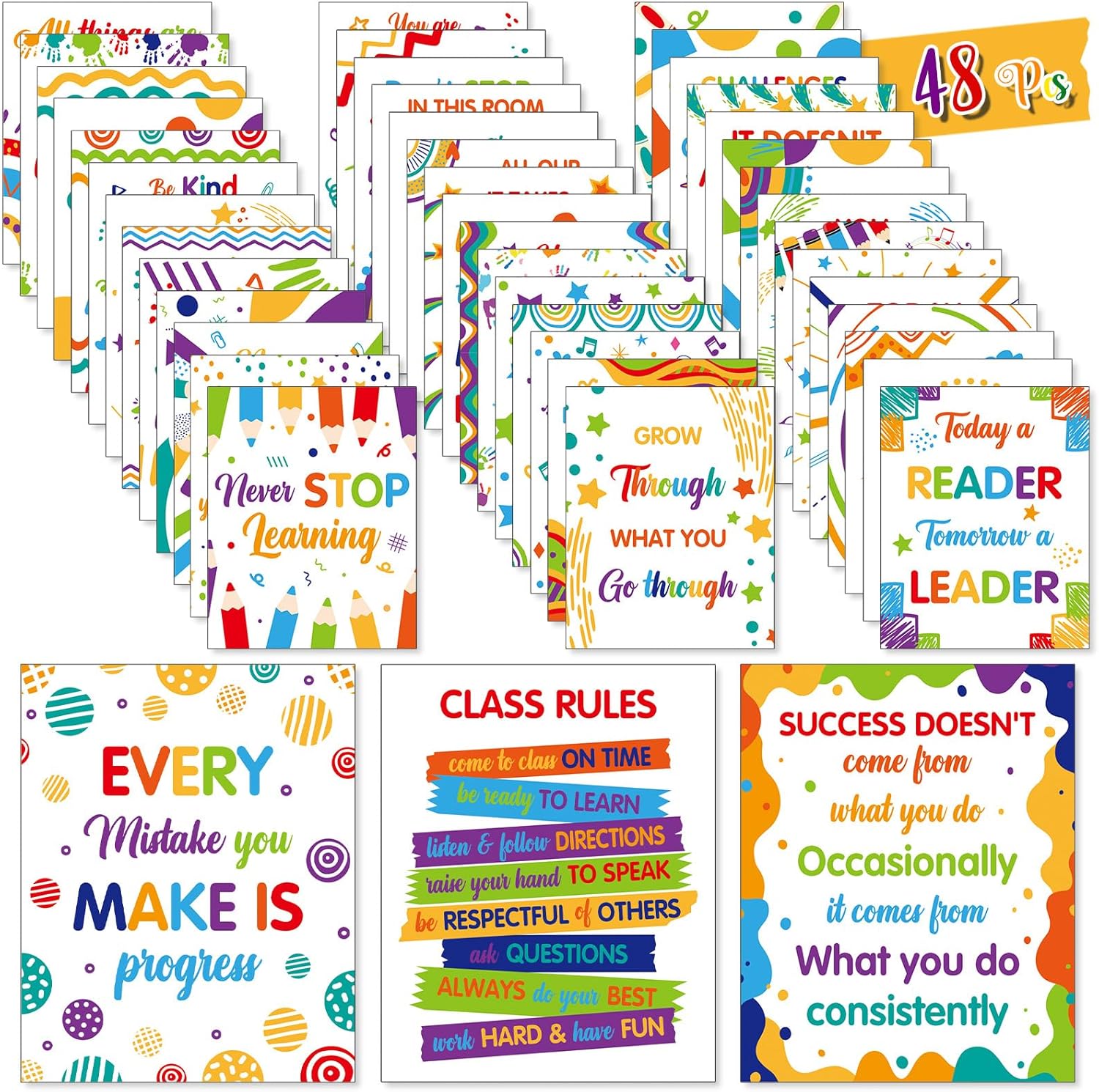 Amazon.com: Faccito 48 Pcs Motivational Poster Rainbow Classroom ...