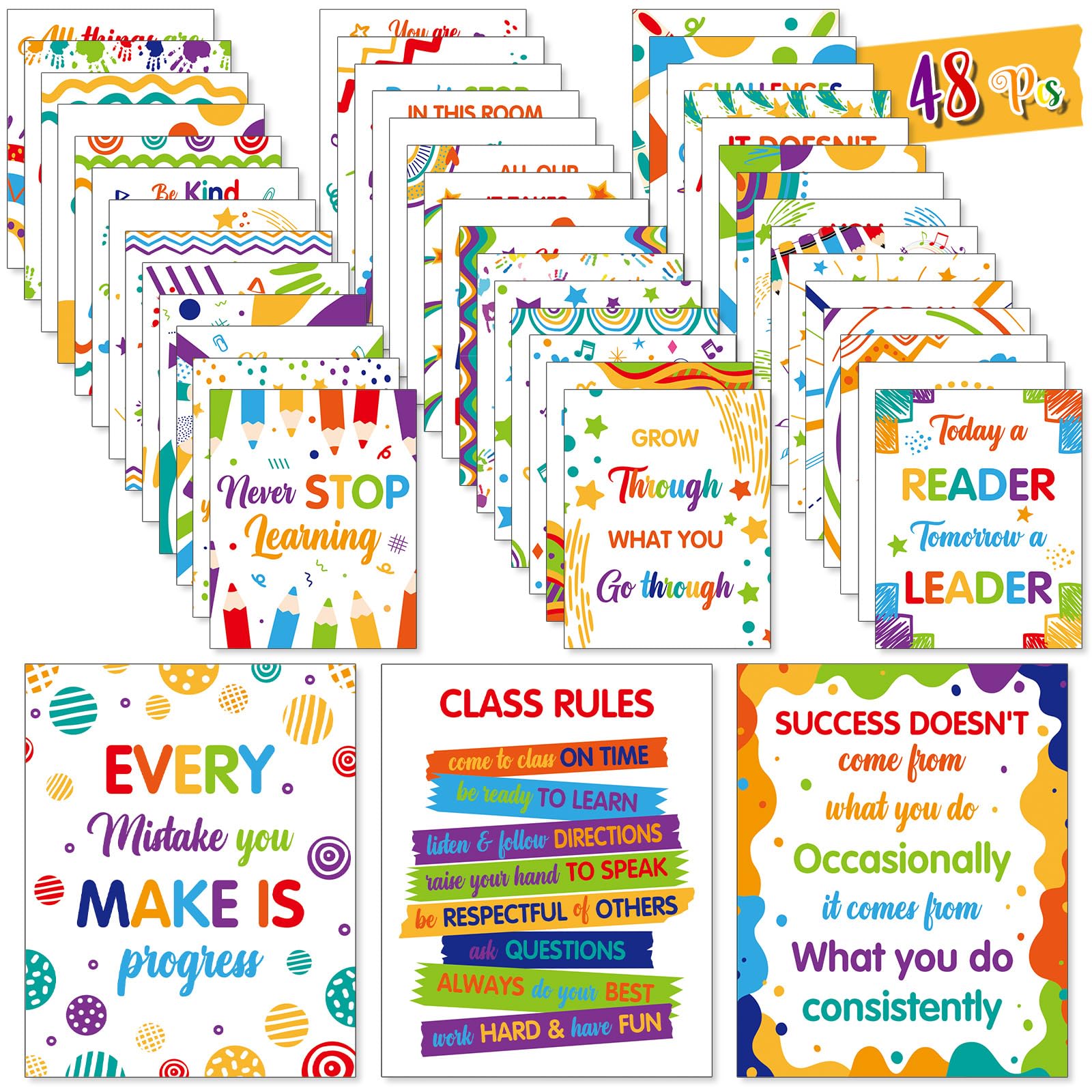 Amazon.com: Faccito 48 Pcs Motivational Poster Rainbow Classroom ...