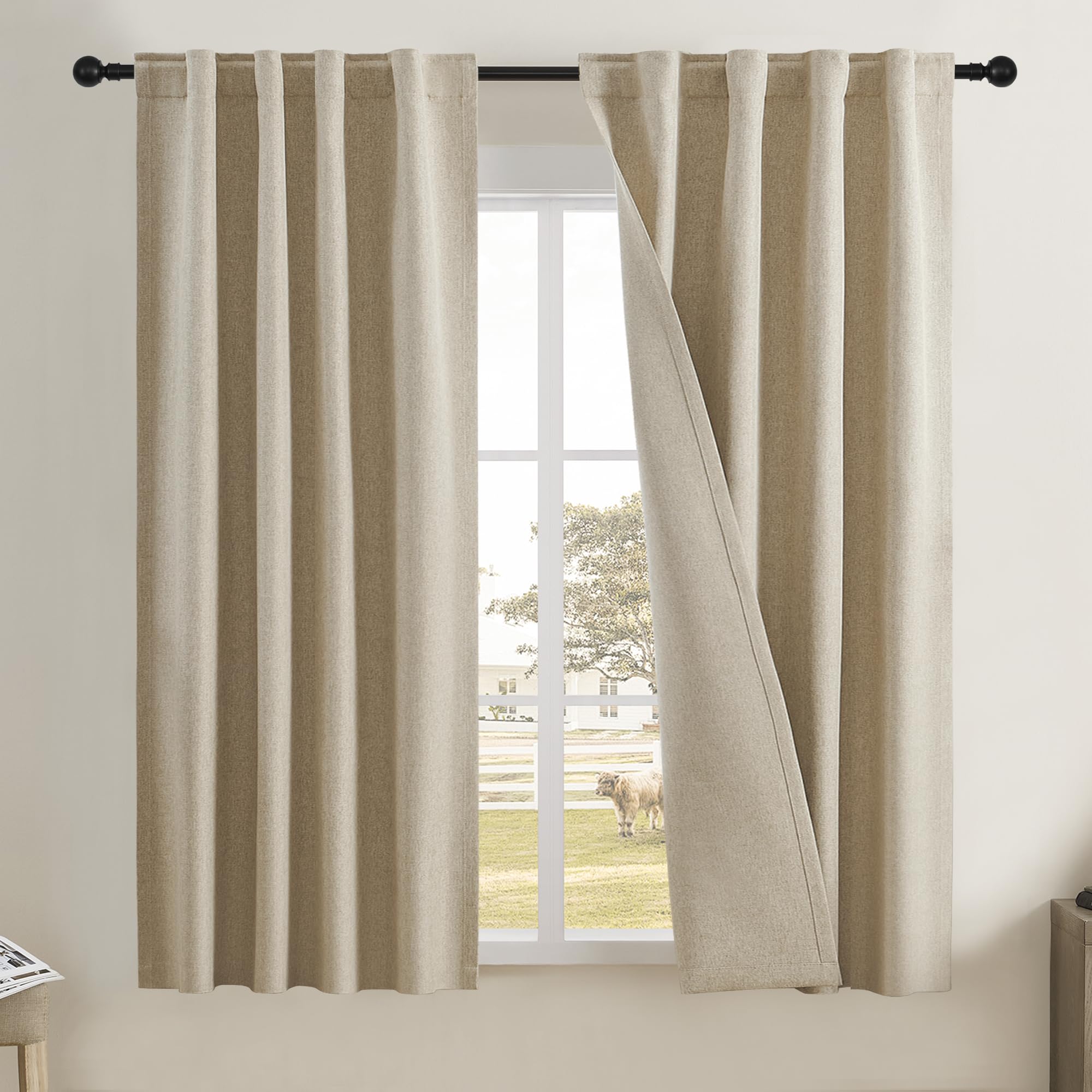 Amazon.com: DUALIFE Short Linen Blackout Curtains 2 Panels- Back Tab ...