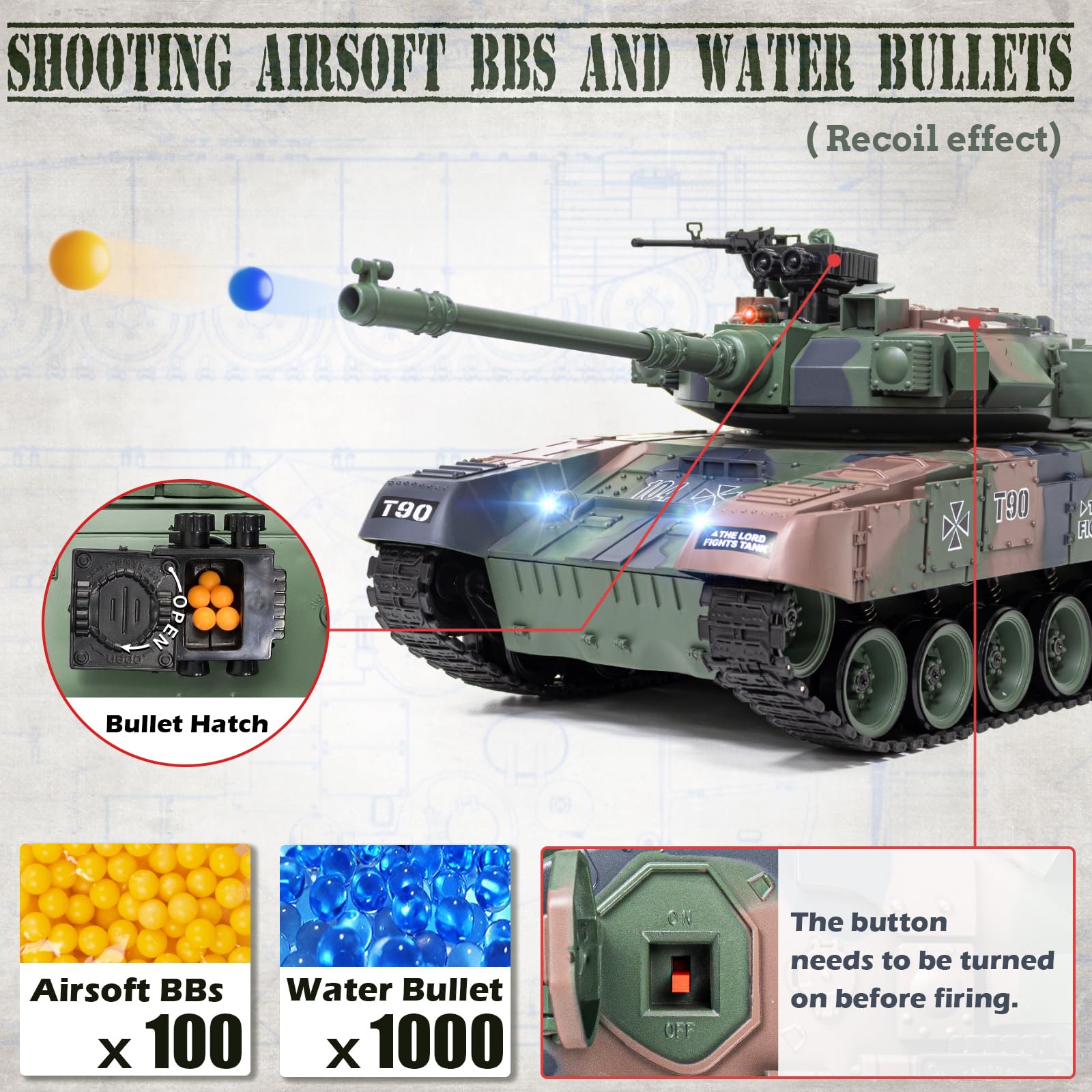 1:18 RC Tank, 2.4Ghz RUS T-90 Remote Control Tank Model Toys, Battle ...