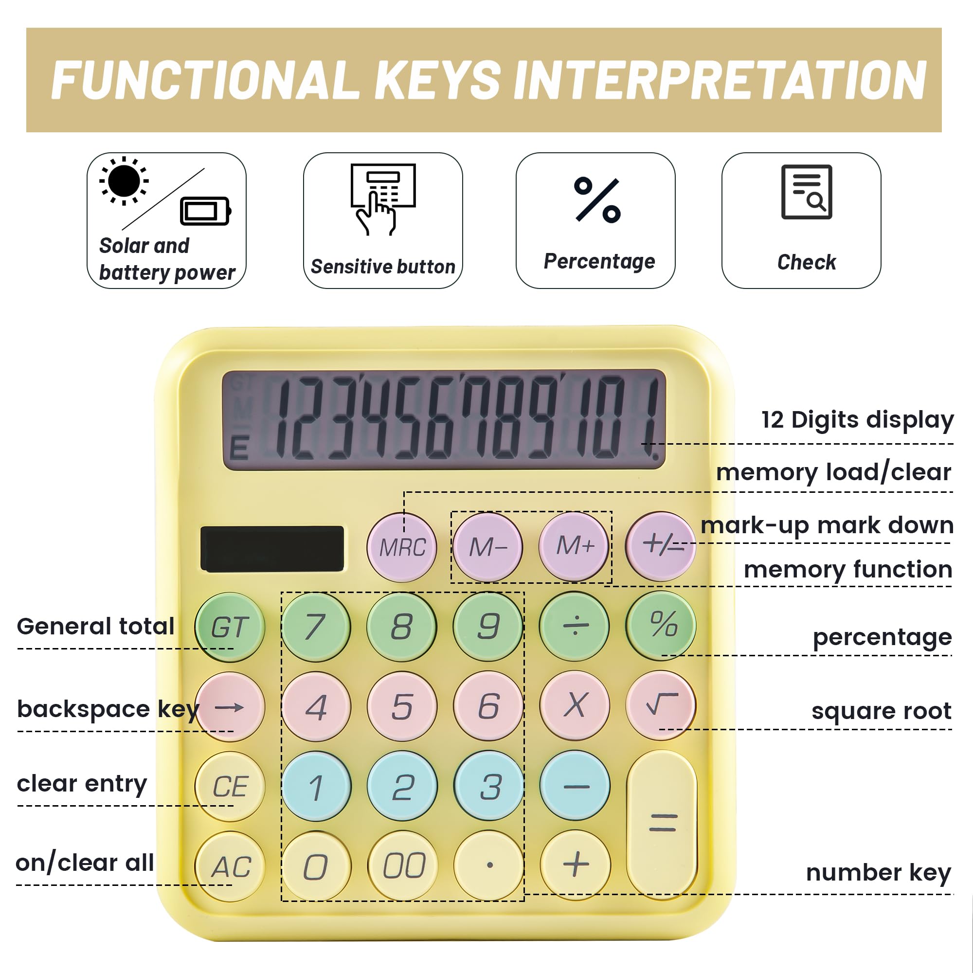 Snapklik.com : Desktop Calculator, Yellow Mechanical, Cute 12 Digit ...