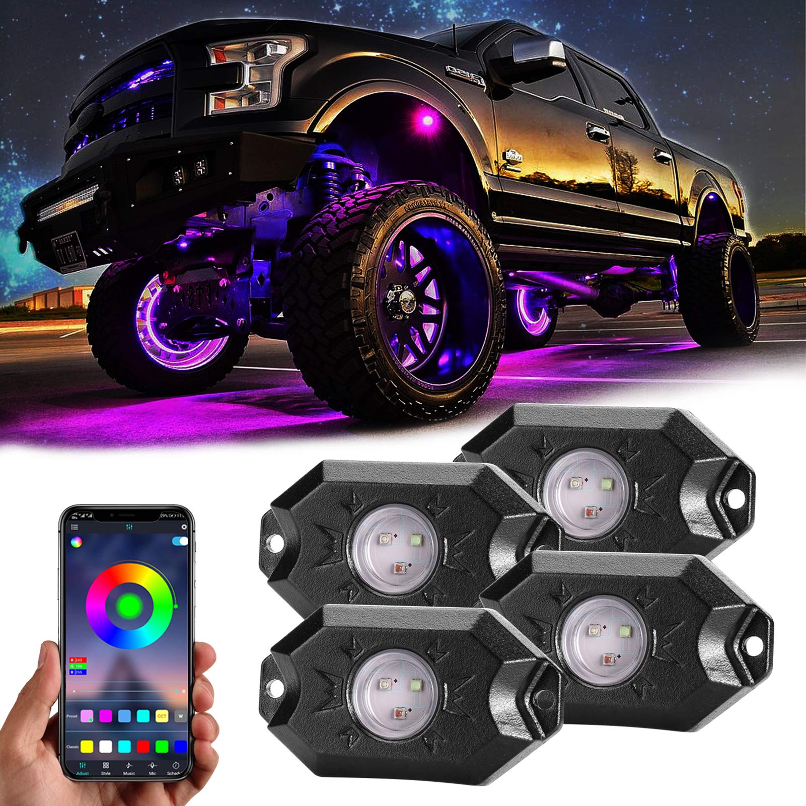 RGB Led Rock Lights, 4 Pods Underglow Multicolor Neon Light Accessories ...