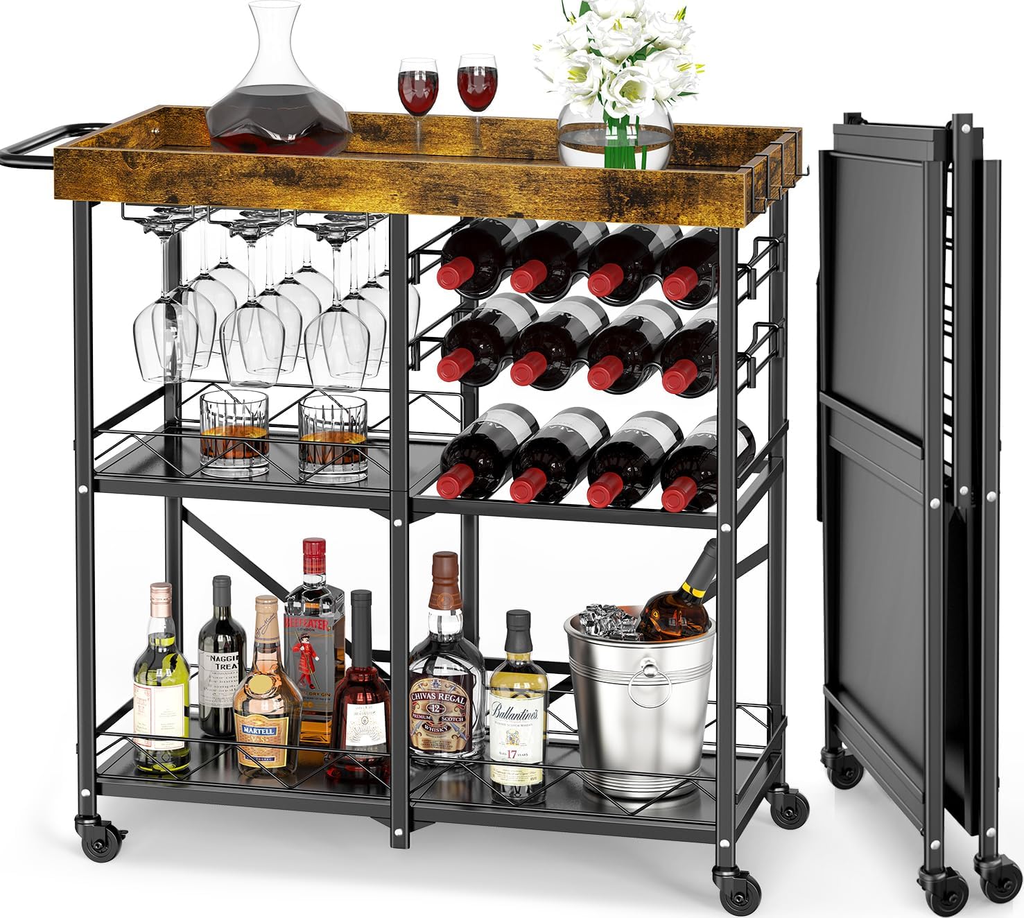 Amazon.com - Bar Carts for The Home, 3-Tier Folding Bar Cart with ...