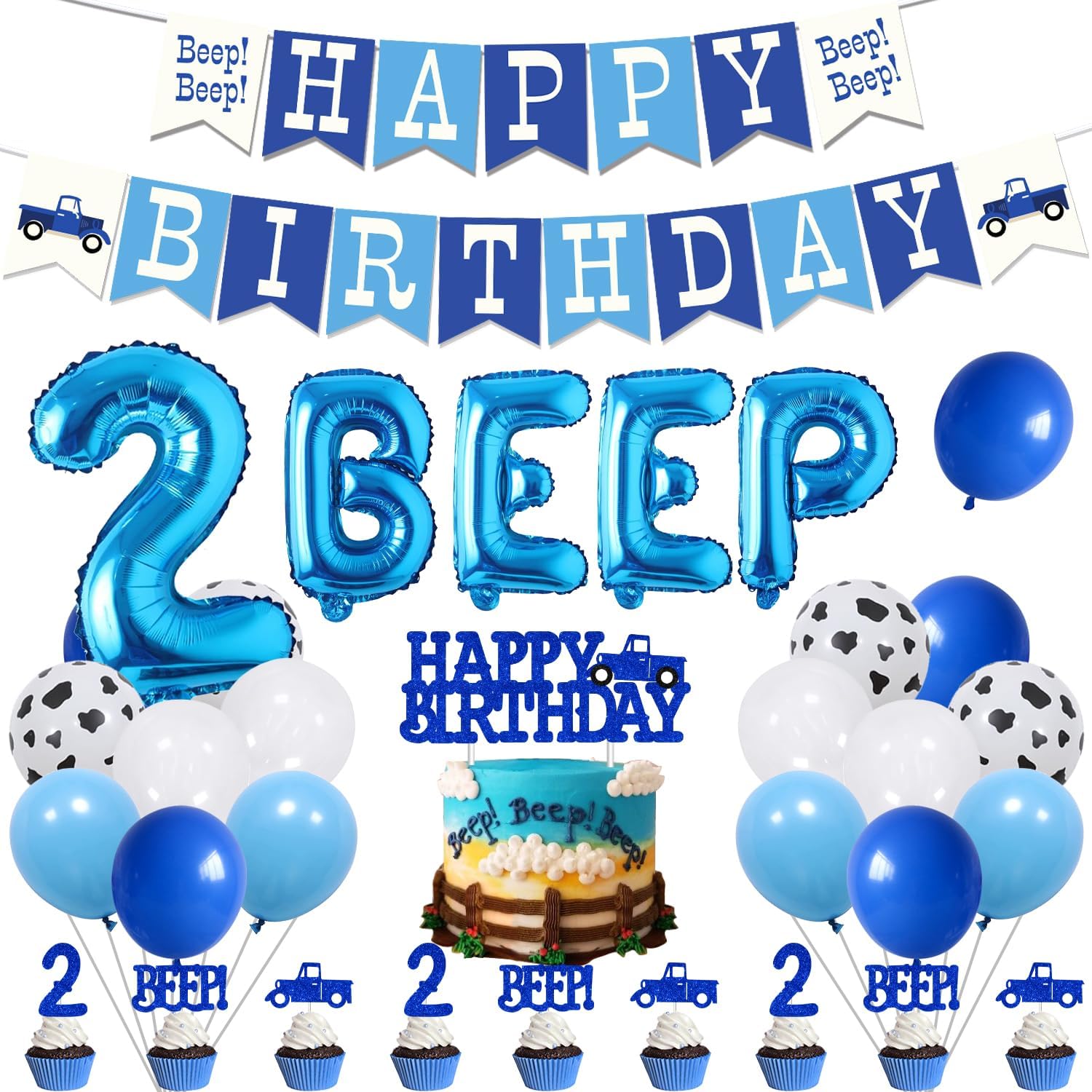Amazon.com: 55Pcs Little Blue Truck 2nd Birthday Party Decoration Beep ...