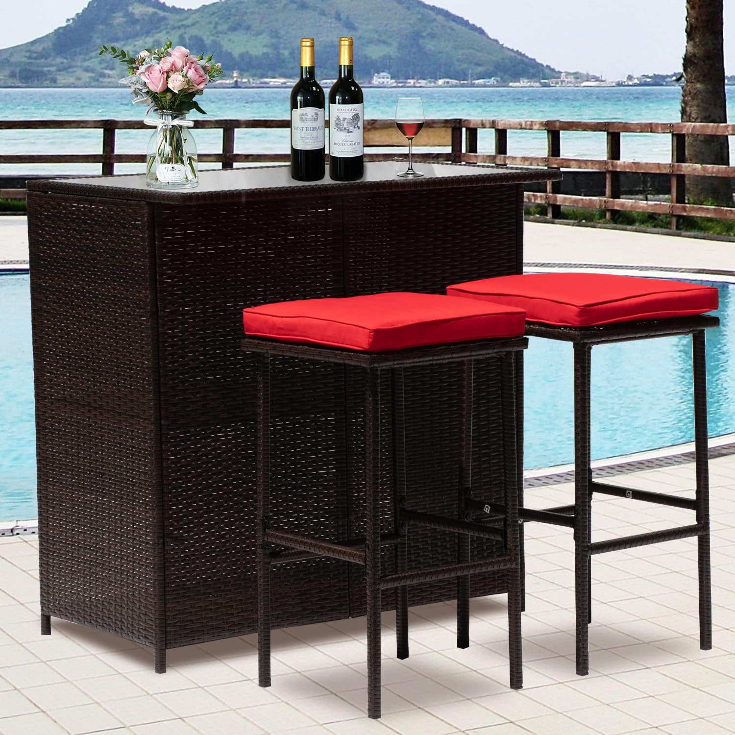 Amazon.com: 3-Piece Patio Bar Set Outdoor Wicker Bar Set All-Weather ...