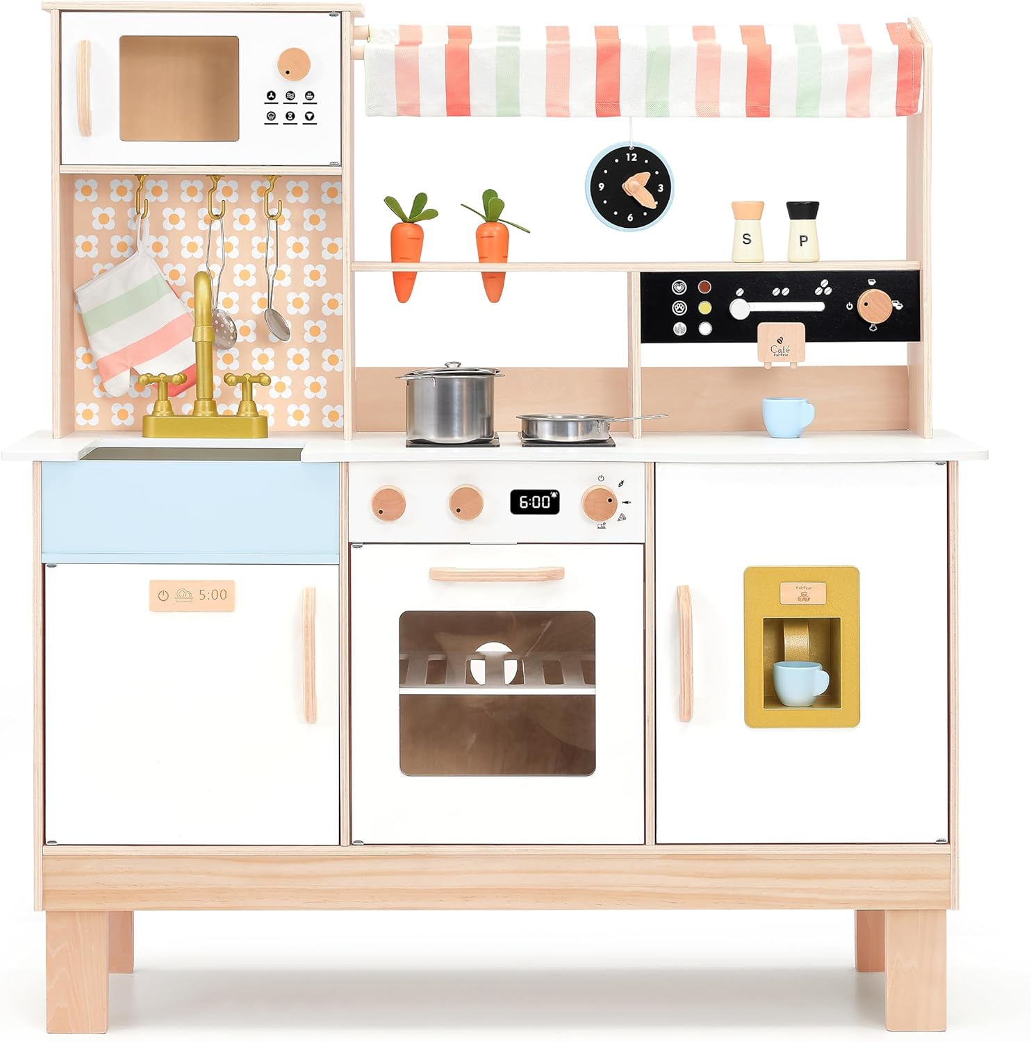 Amazon.com: PairPear Play Kitchen for Kids, Wooden Toy Kitchen Set with ...