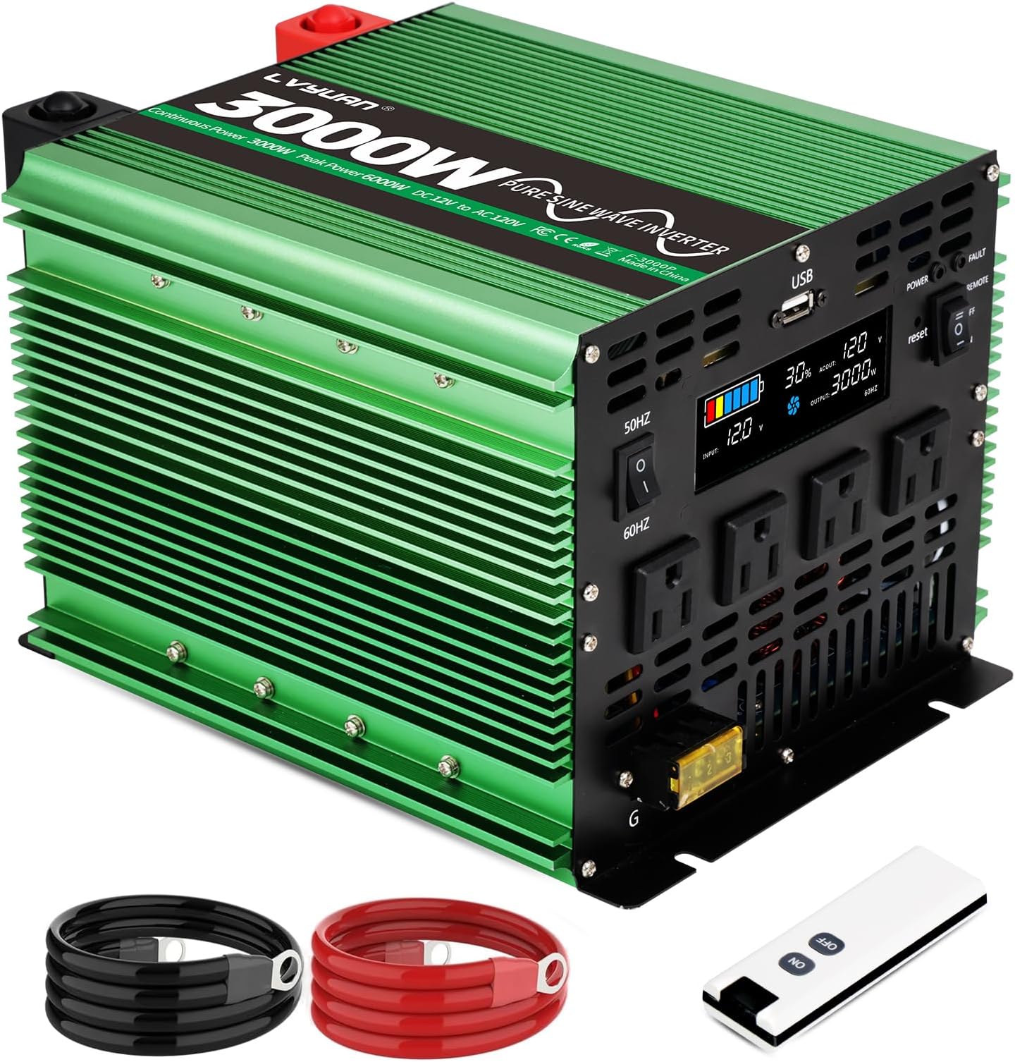 Amazon.com: LVYUAN 3000 Watt Pure Sine Power Inverter 12V to 110V 120V ...