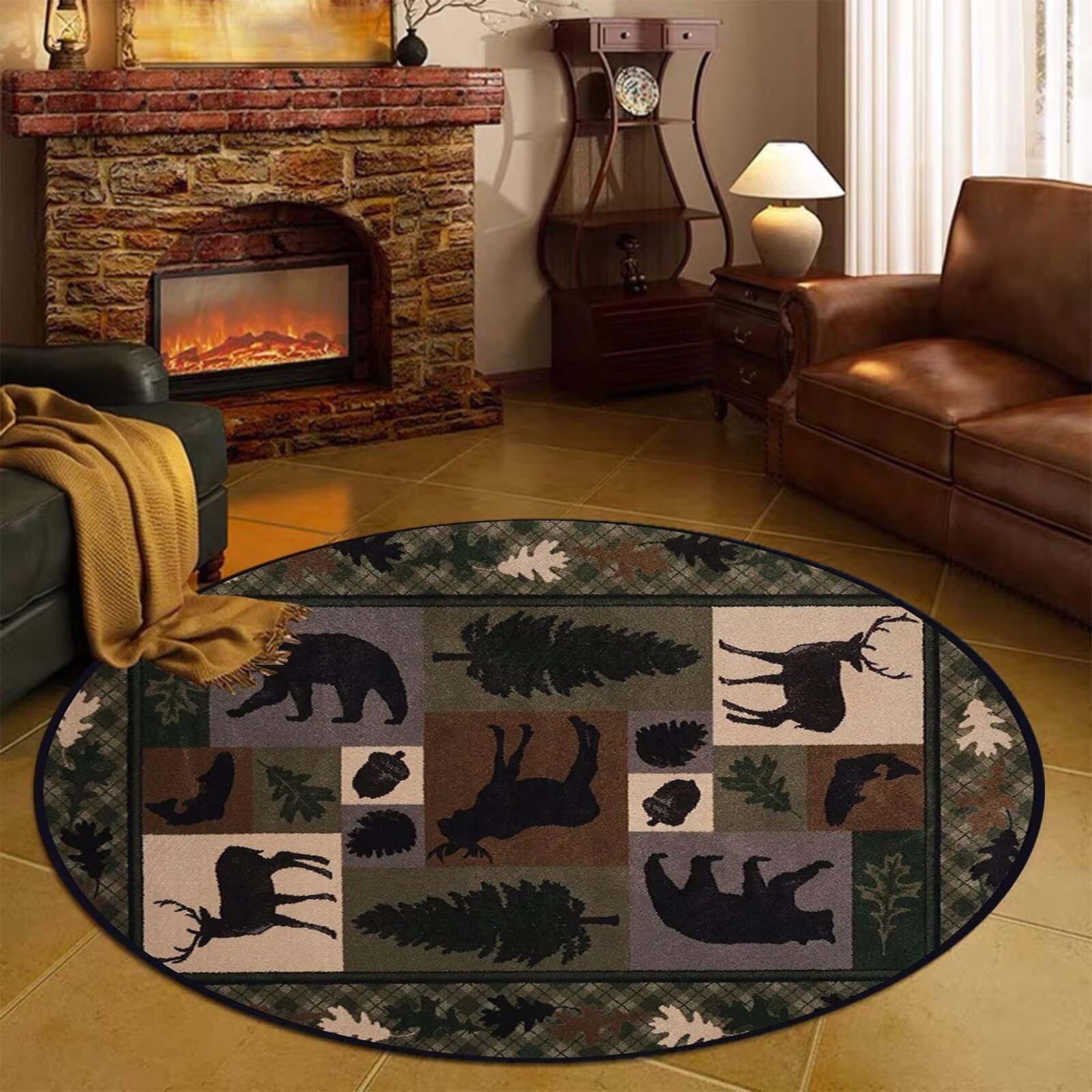 Amazon.com: Qmkmyy Round Lodge Cabin Bear Area Rugs 4ft Rustic Wildlife ...