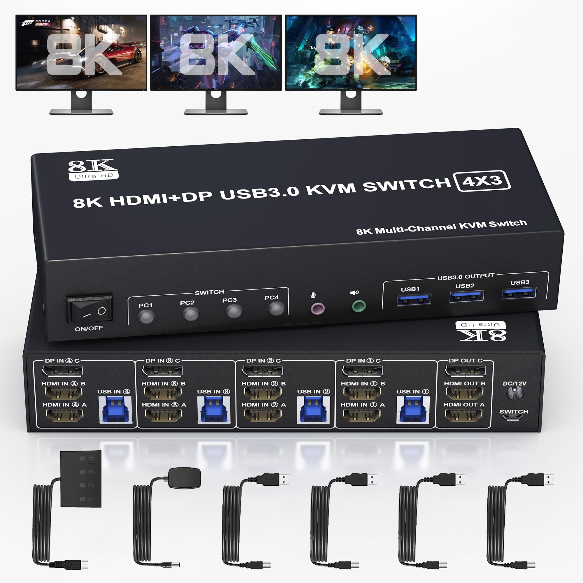 KVM Switch 3 Monitors 4 Computers 8K@60Hz 4K@144Hz, 2 HDMI +1 ...