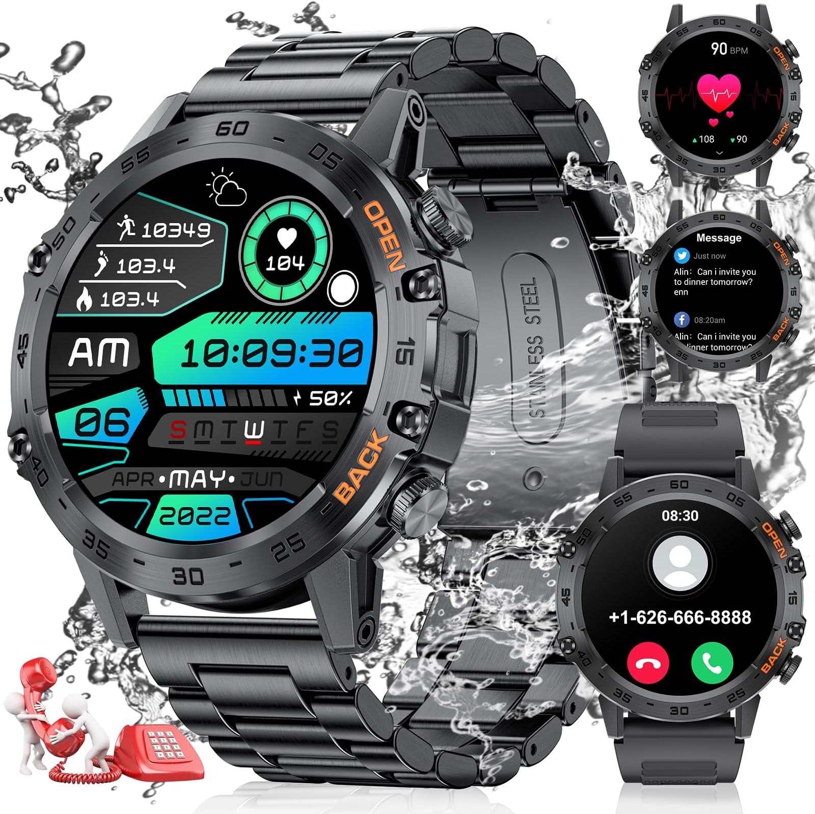 Smartwatch Herren mit Telefonfunktion, 1.95'' AMOLED Always on Display ...