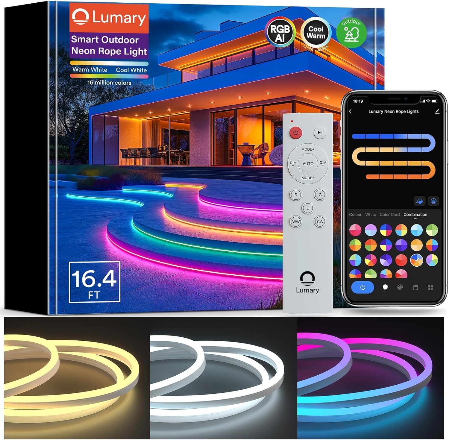 Amazon.com: Lumary Smart Neon Rope Light for Outside, RGBAICW Flexible ...