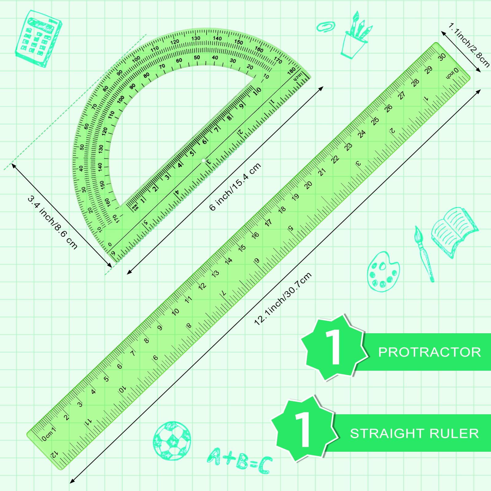 Snapklik.com : Zonon 2 Pack 12 Plastic Ruler And 6 Plastic Protractor ...