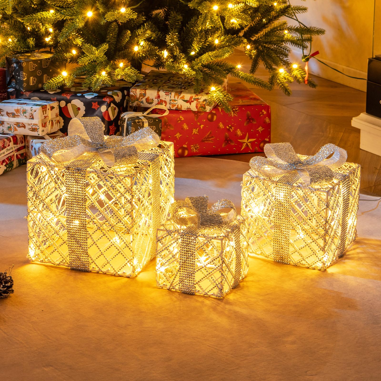 Amazon.com: Tangkula Set of 3 Lighted Box, Pre-Lit Festive Boxes w/ 50 ...