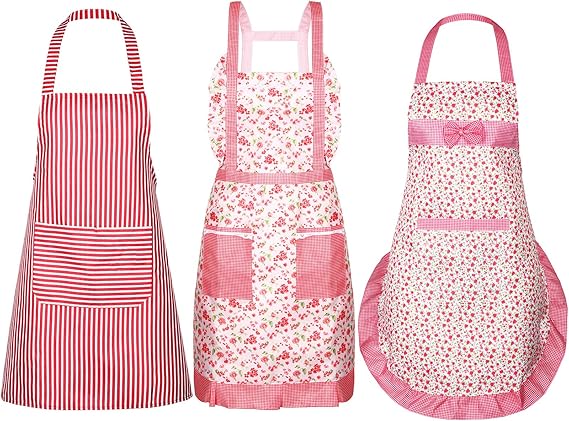 Amazon.com: 3 Pieces Women Apron with Pockets Cute Vintage Cooking ...
