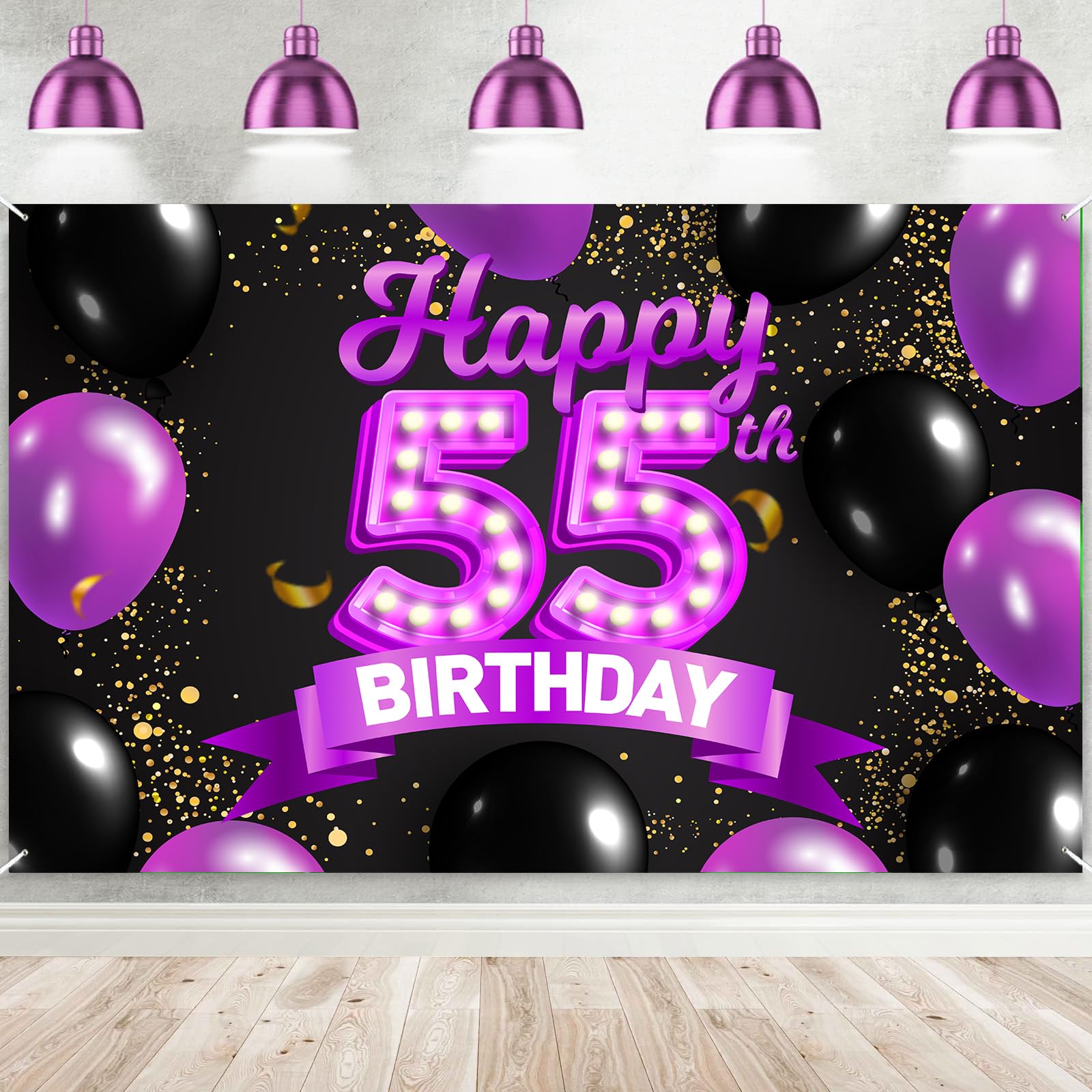 Amazon.com: Happy 55th Birthday Purple and Black Banner Backdrop Cheers ...