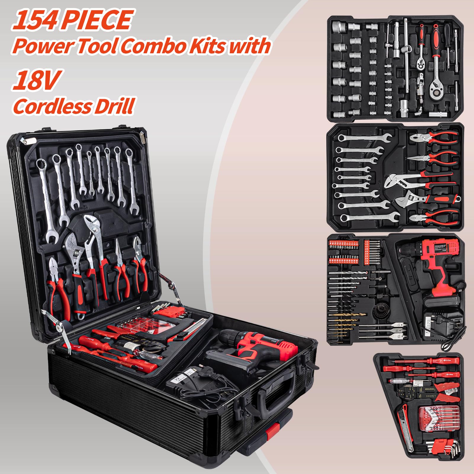 Power Tool Set with 18V Cordless Drill, Electric Power Drill Set, Tool ...