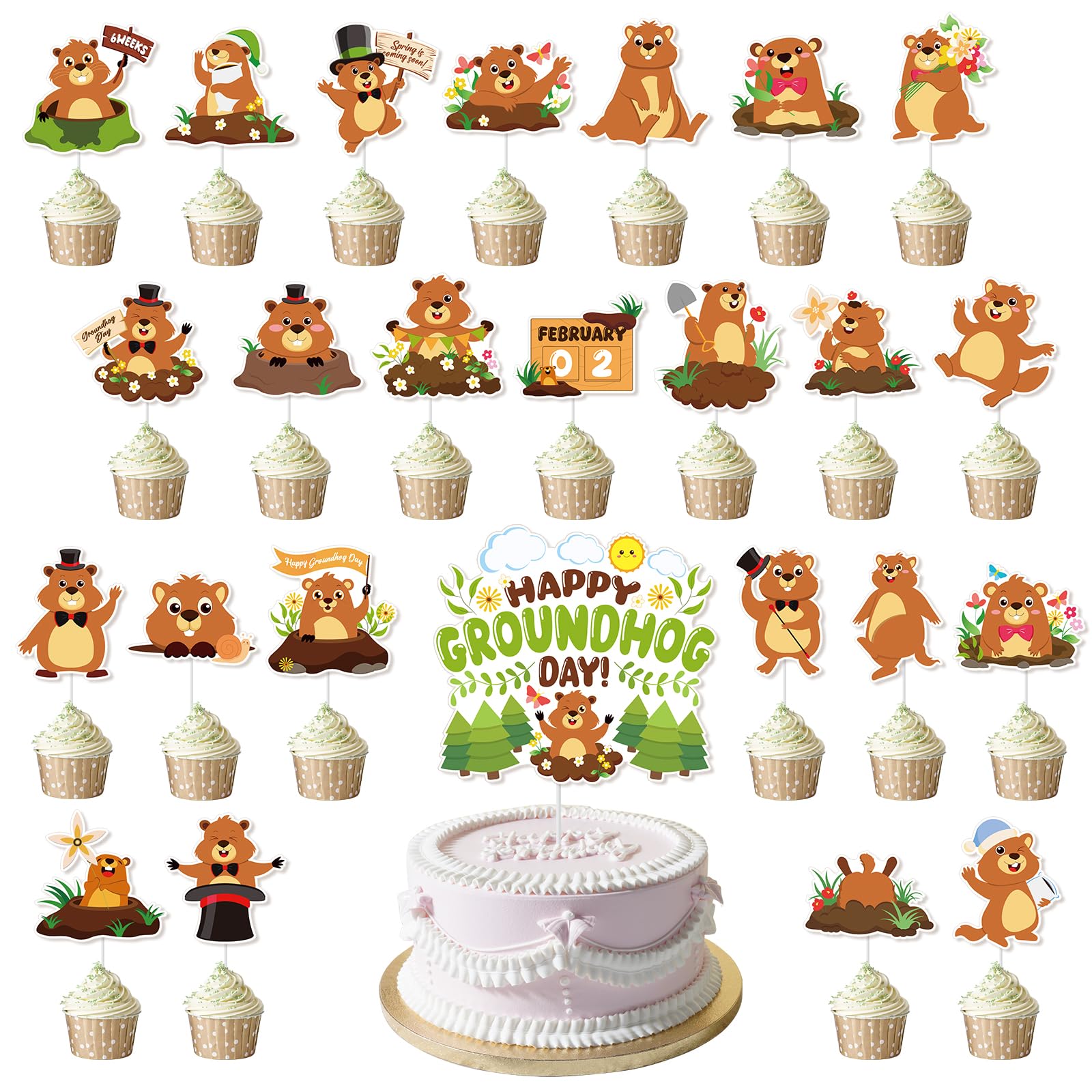 Amazon.com: Konsait 25 PCS Groundhog Cupcake Toppers Groundhog Day ...