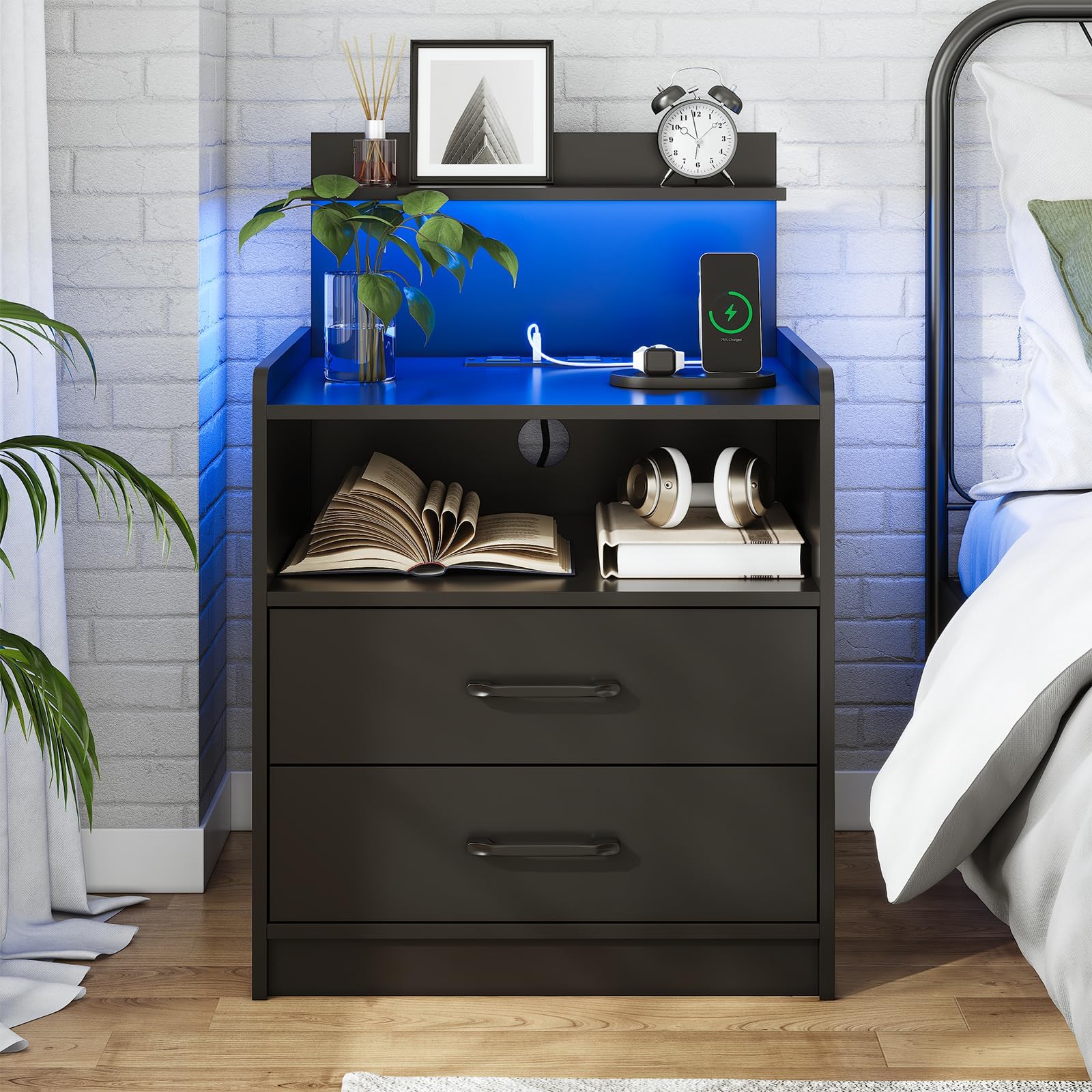 Amazon.com: LED Nightstand with Charging Station, Night Stand with 2 ...
