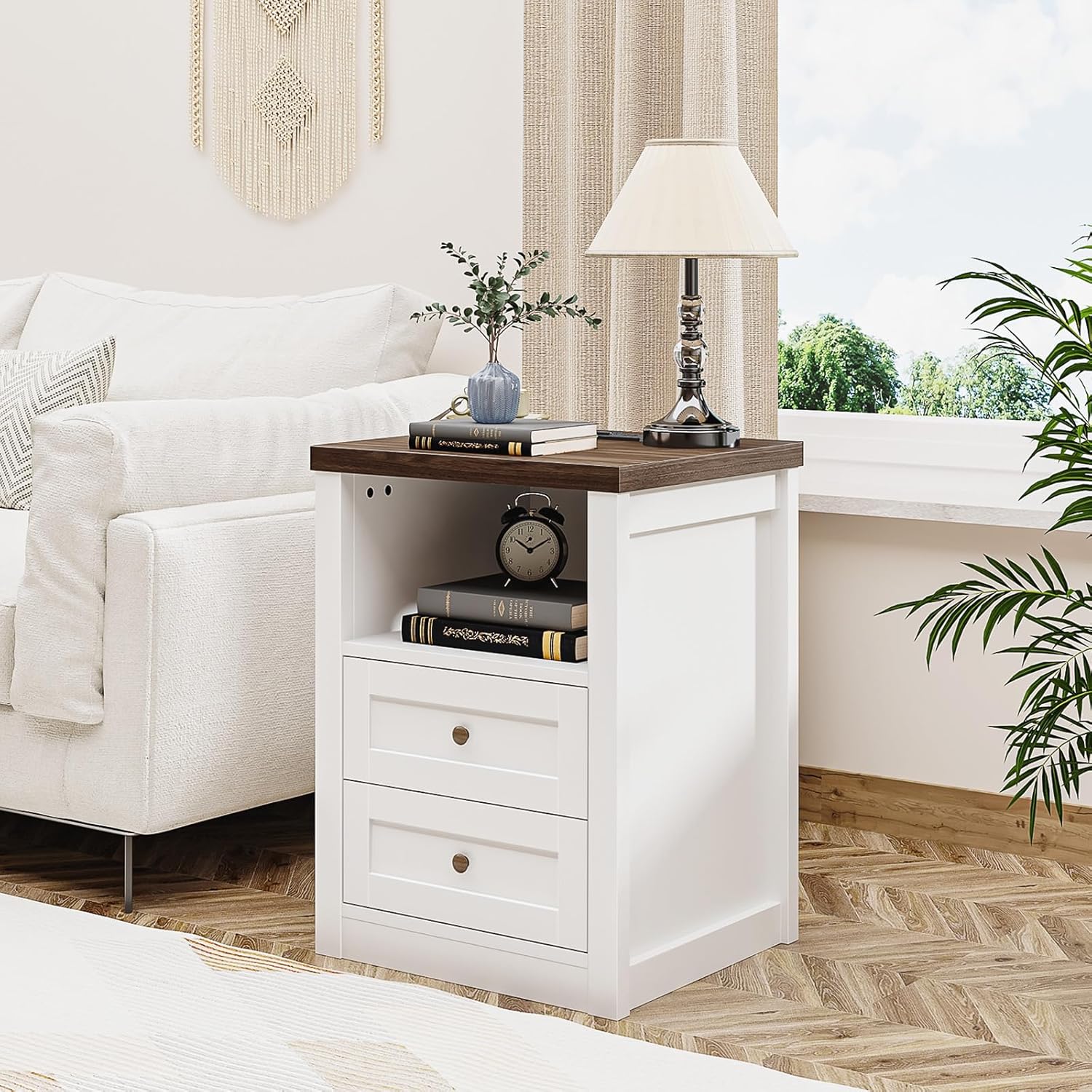 Amazon.com: oneinmil Farmhouse Nightstand with Charging Station, 18 ...