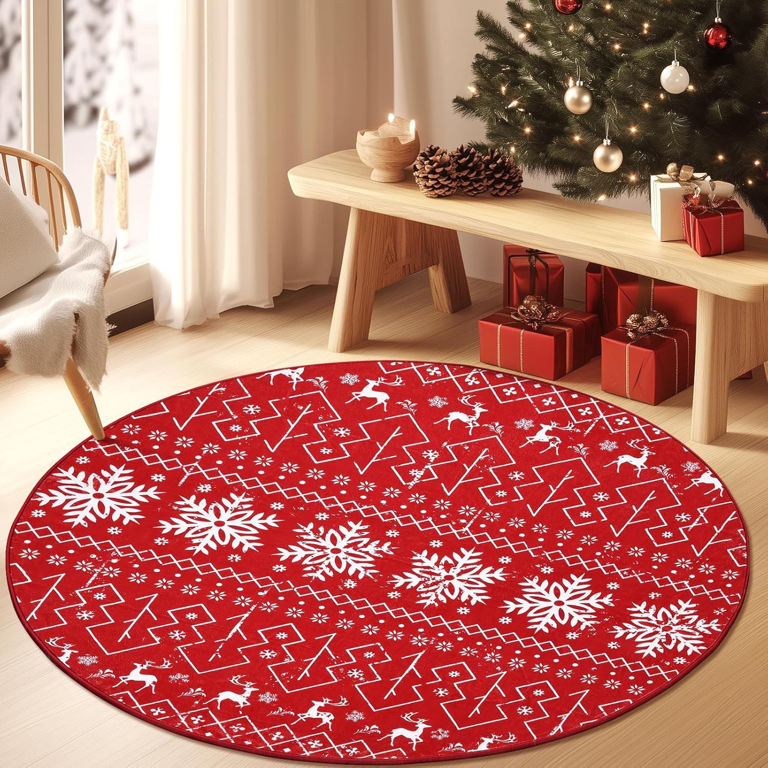 Amazon.com: Yamaziot Washable Christmas Round Rug 4ft – Red Snowflake ...