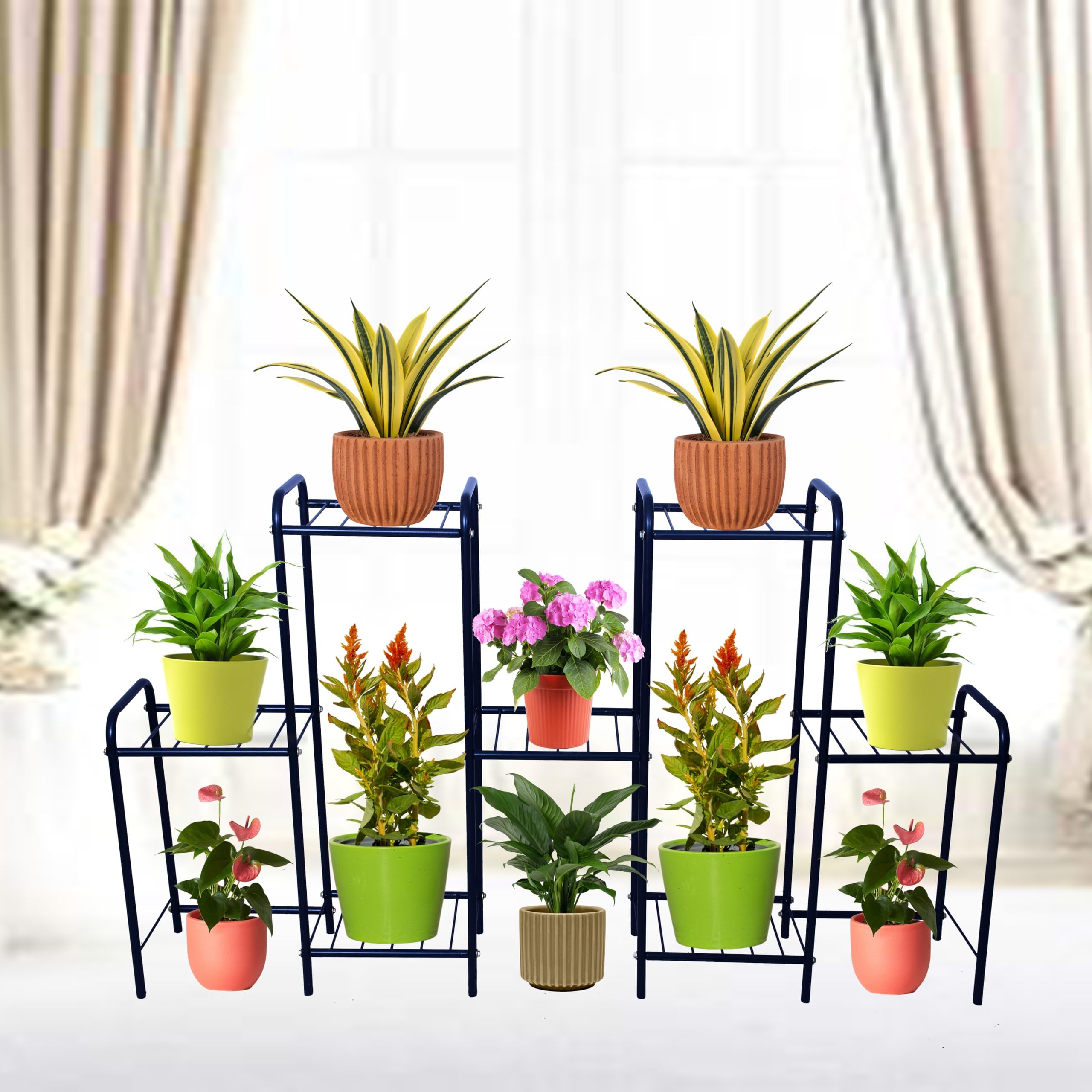 Keeva 12 Step Long Plant Stand (Black) For Balcony, Living Room, Flower ...