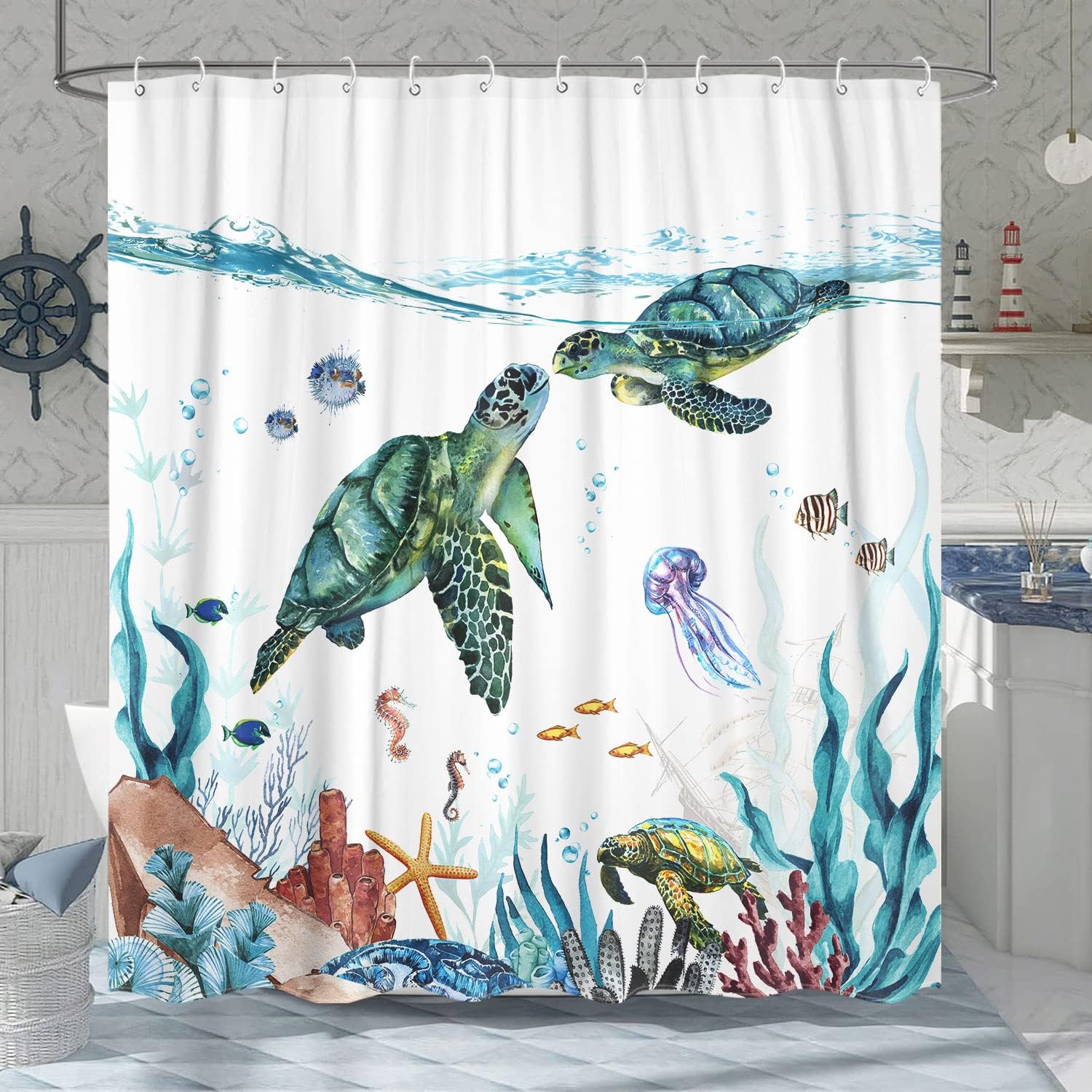 Amazon.com: Fowocu Sea Turtle Shower Curtain Teal Blue Ocean Waterproof ...