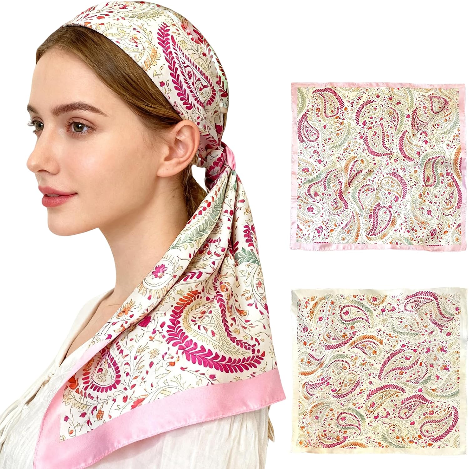 VITASHYNX 2 Pack Head Scarf For Women, 27.6” Square Silk Scarf Square ...